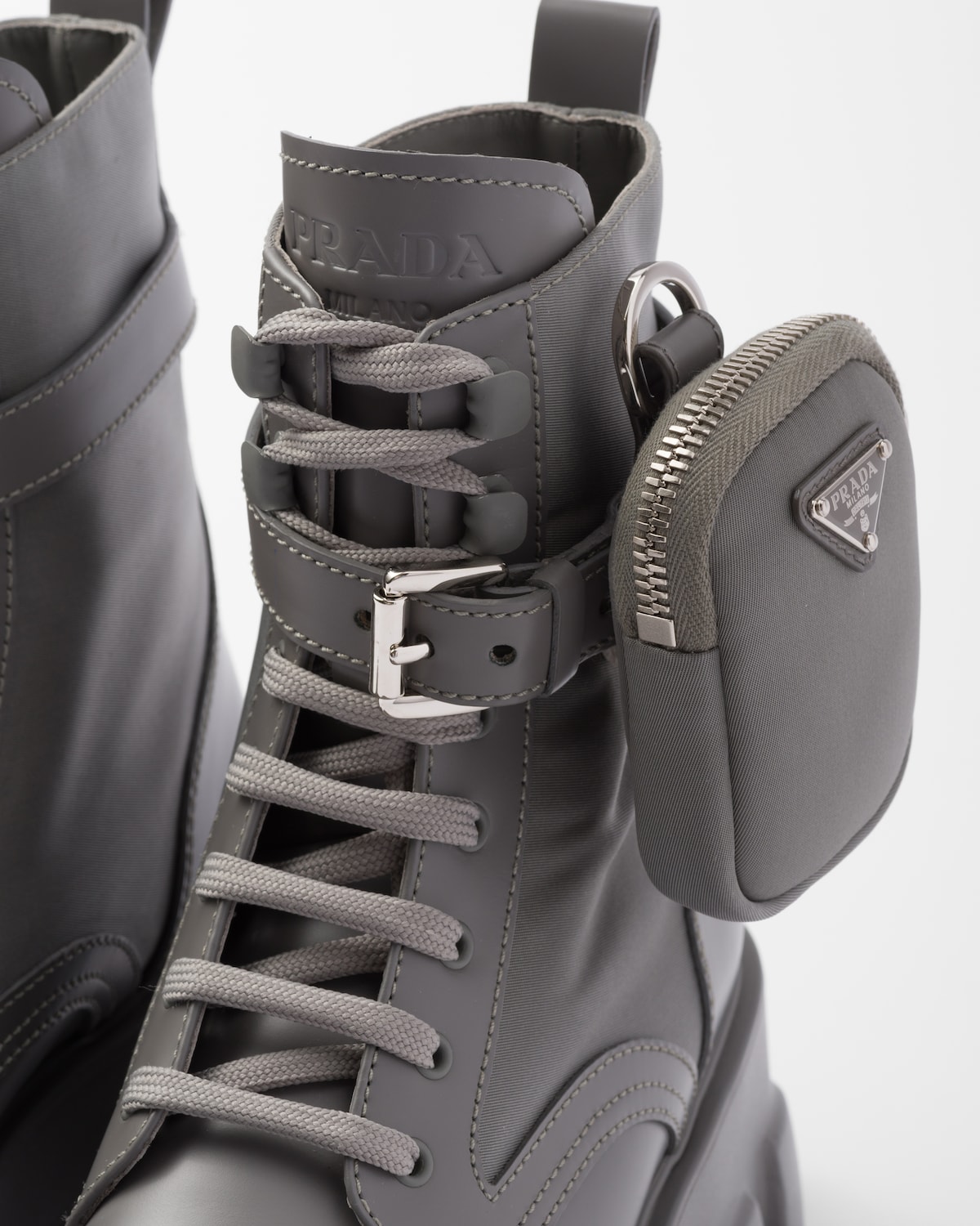 Marble Gray Monolith Leather And Re-nylon Boots With Pouch | PRADA