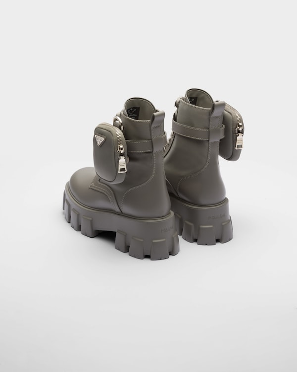 Marble Gray Monolith Leather And Re-nylon Boots With Pouch | PRADA