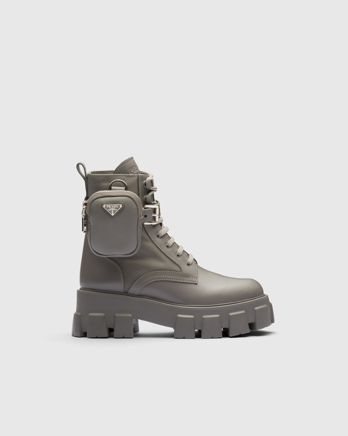 Marble Gray Monolith Leather And Re-nylon Boots With Pouch | PRADA