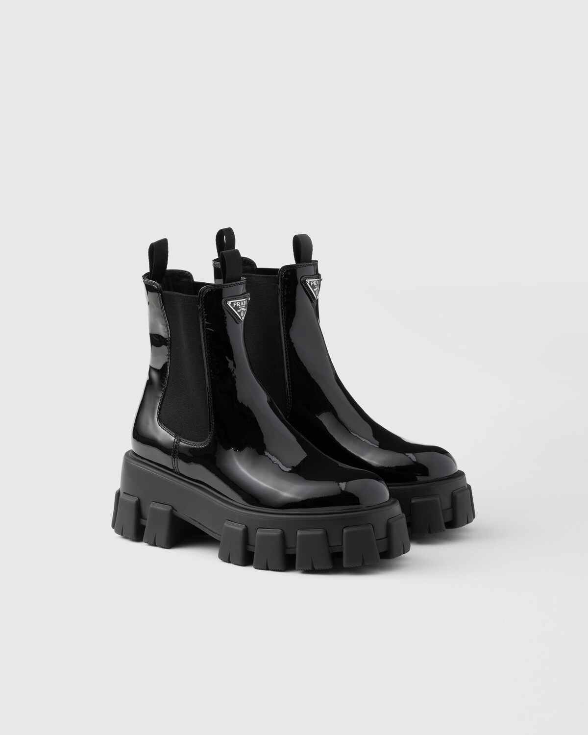 Black Monolith Patent Leather Booties | PRADA