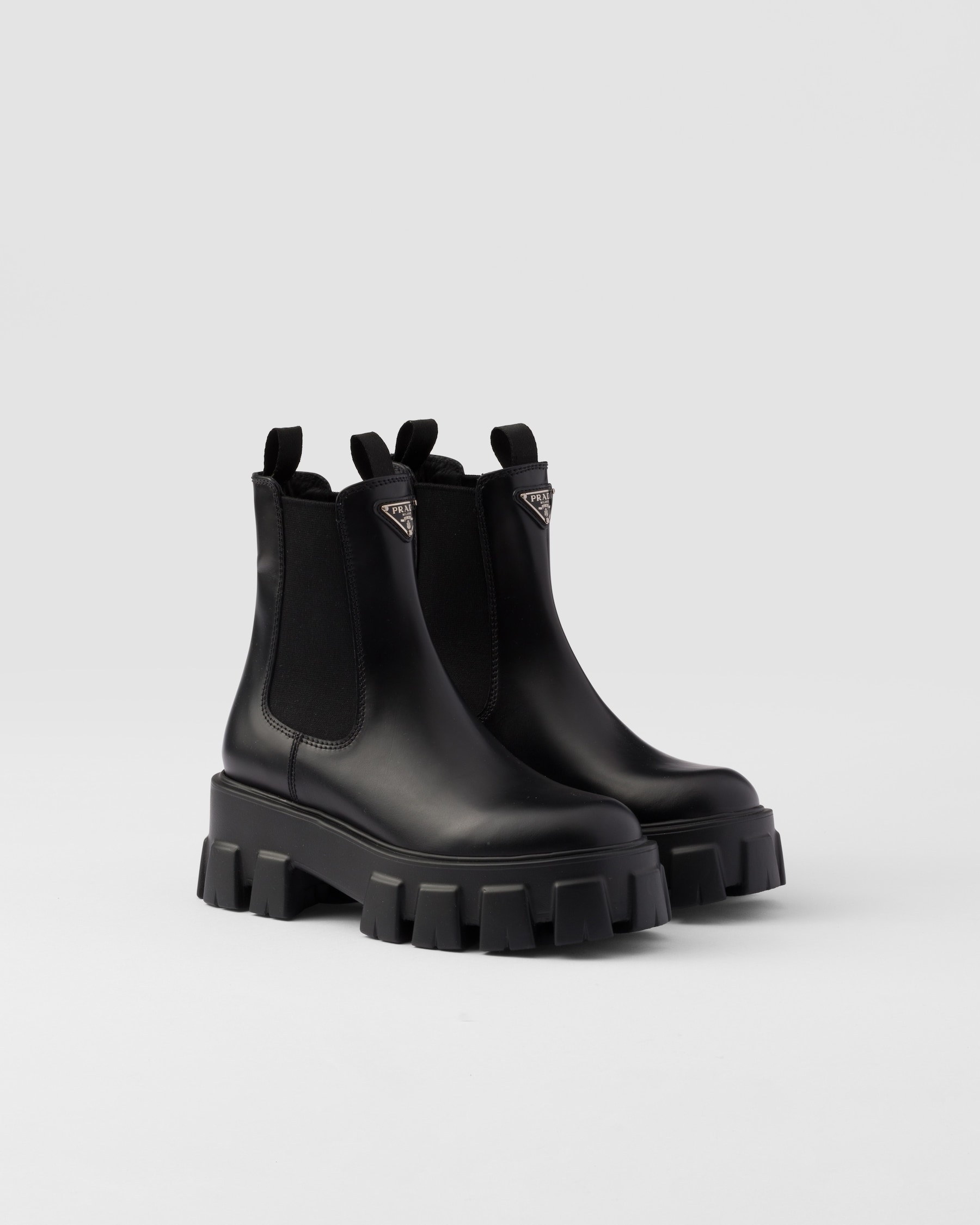 Black Monolith Brushed Leather Booties | PRADA