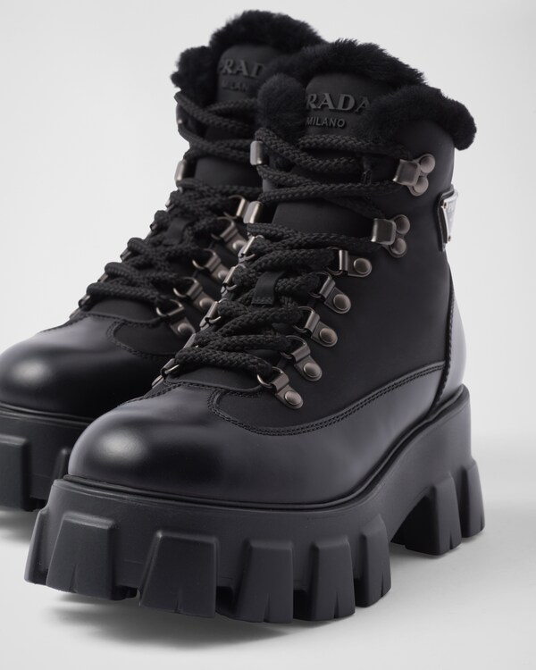 Black Monolith Leather And Nylon Booties | PRADA