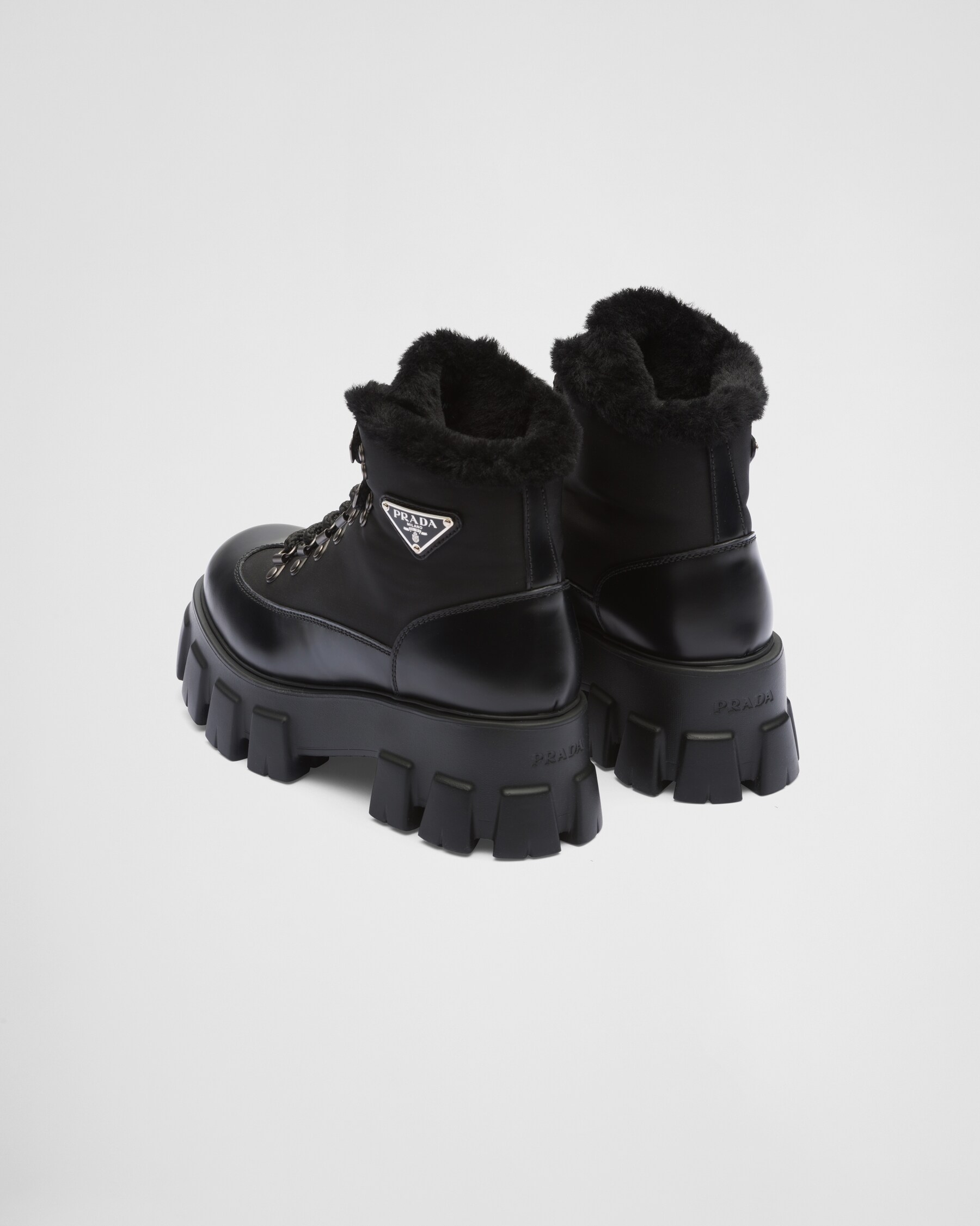 Black Monolith Leather And Re-nylon Booties | PRADA