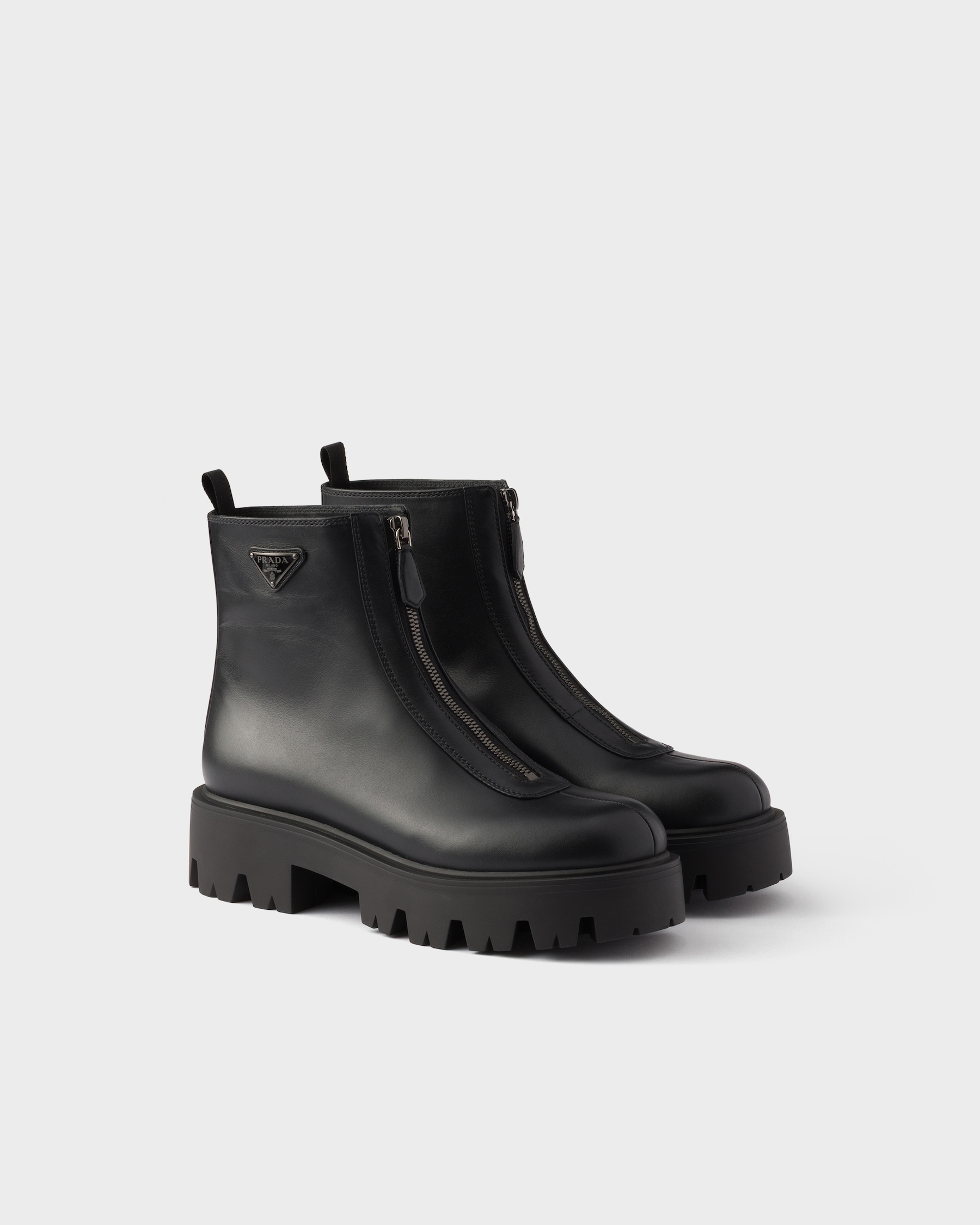 Botines De Piel Con Cierre De Cremallera Negro | PRADA