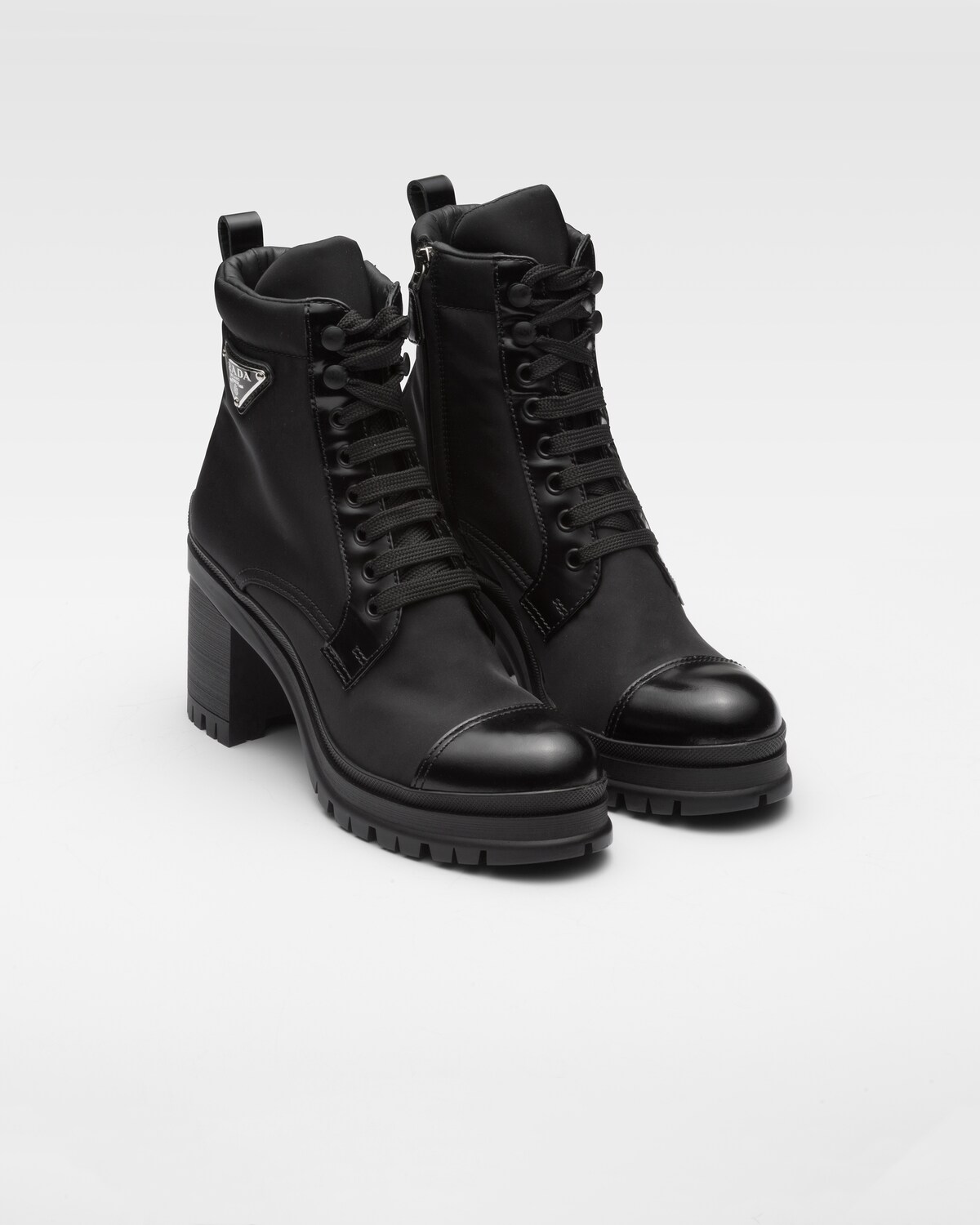 Black Brushed Leather And Re-nylon Laced Booties | PRADA