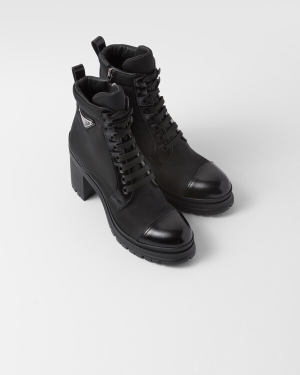 Black Brushed Leather And Re-nylon Laced Booties | PRADA