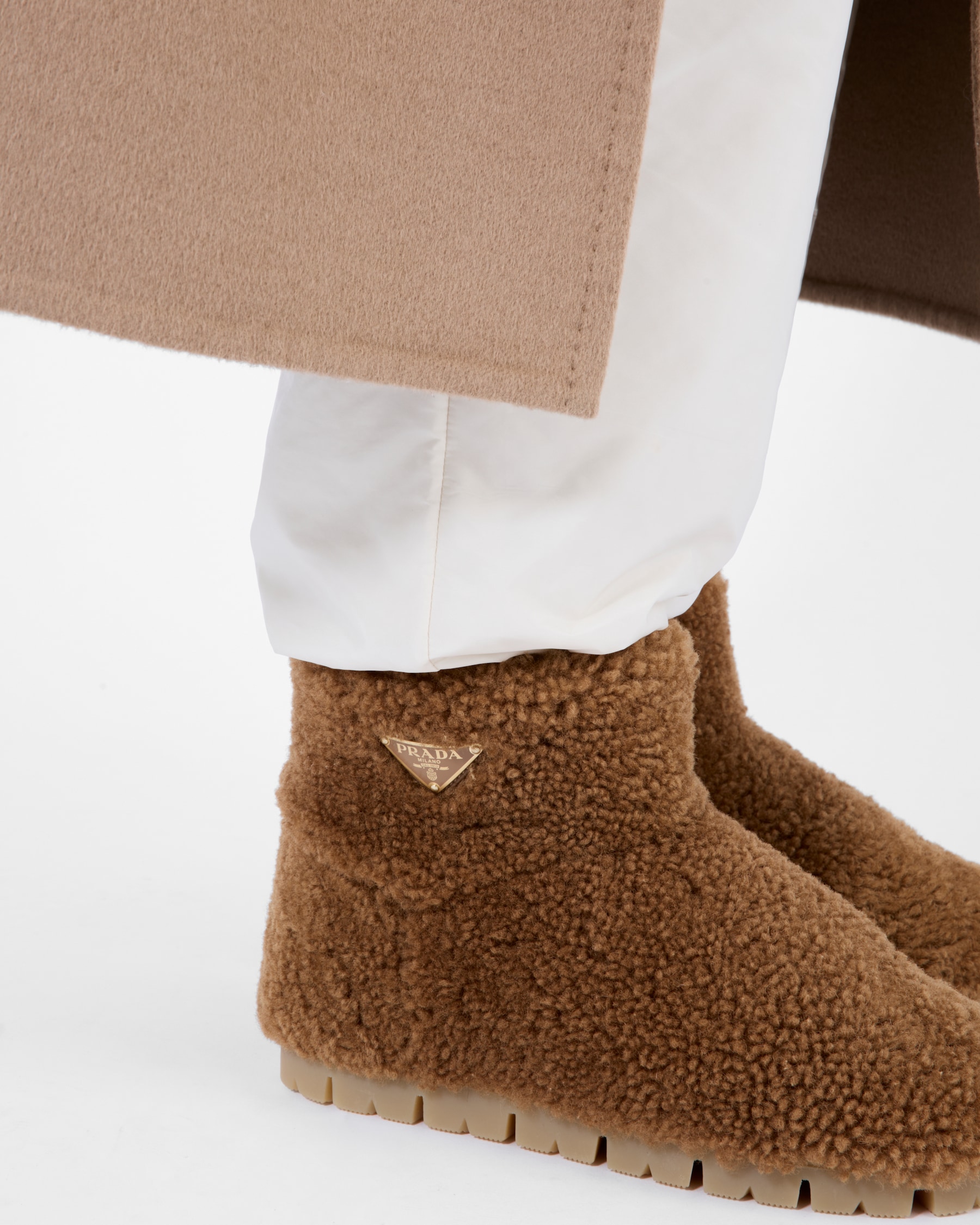 Caramel Shearling Booties | PRADA