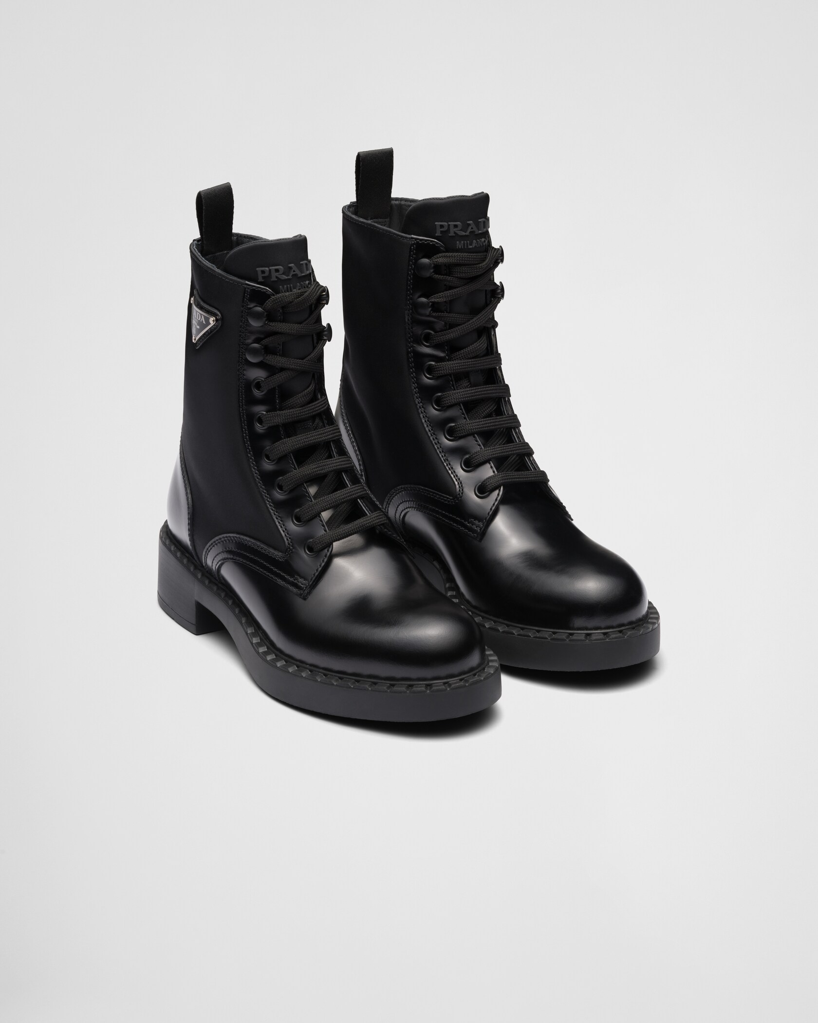 Bota Em Couro Escovado E Re-nylon Preto | PRADA