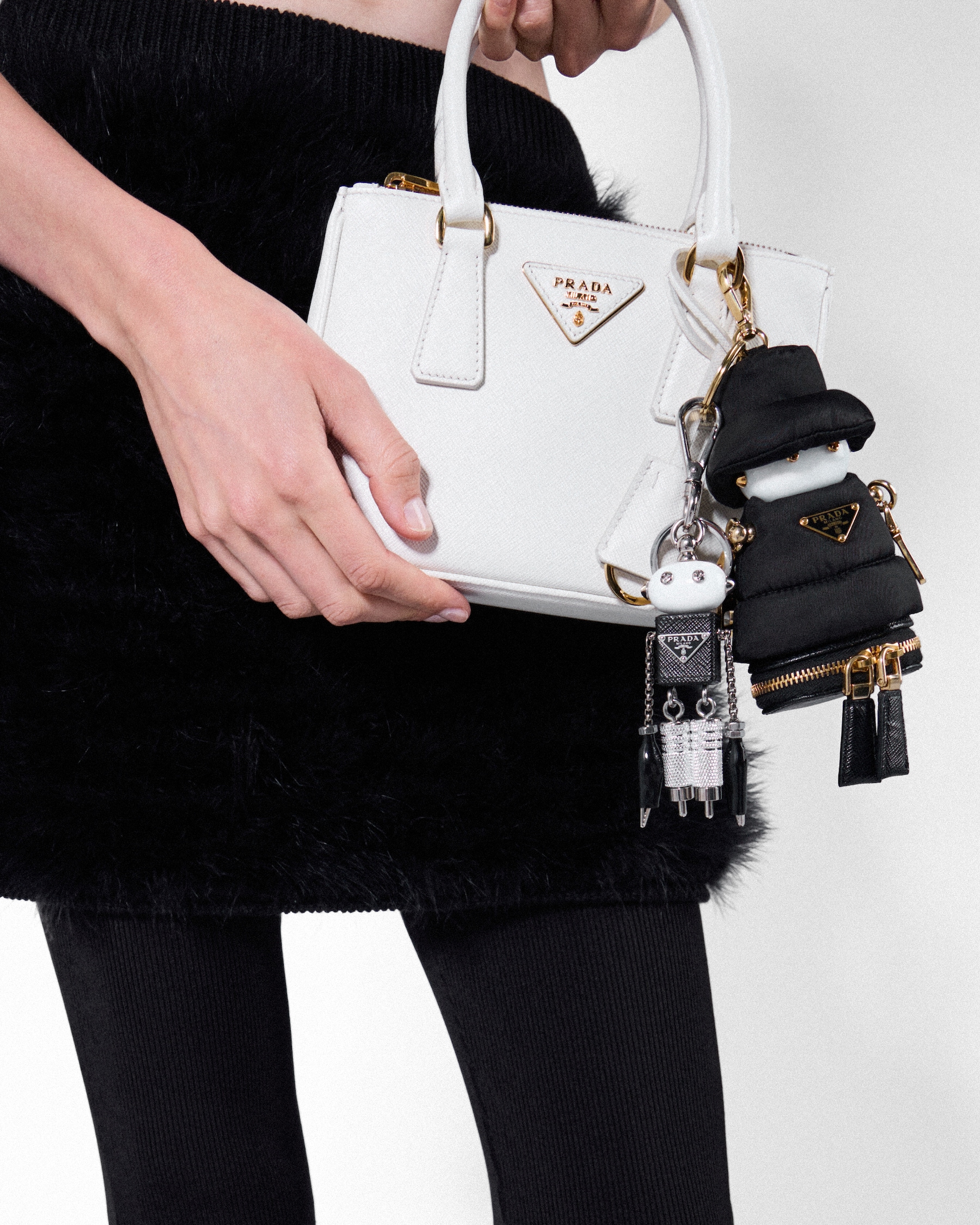 Steel/black Saffiano Leather Robot Bag Charm | PRADA