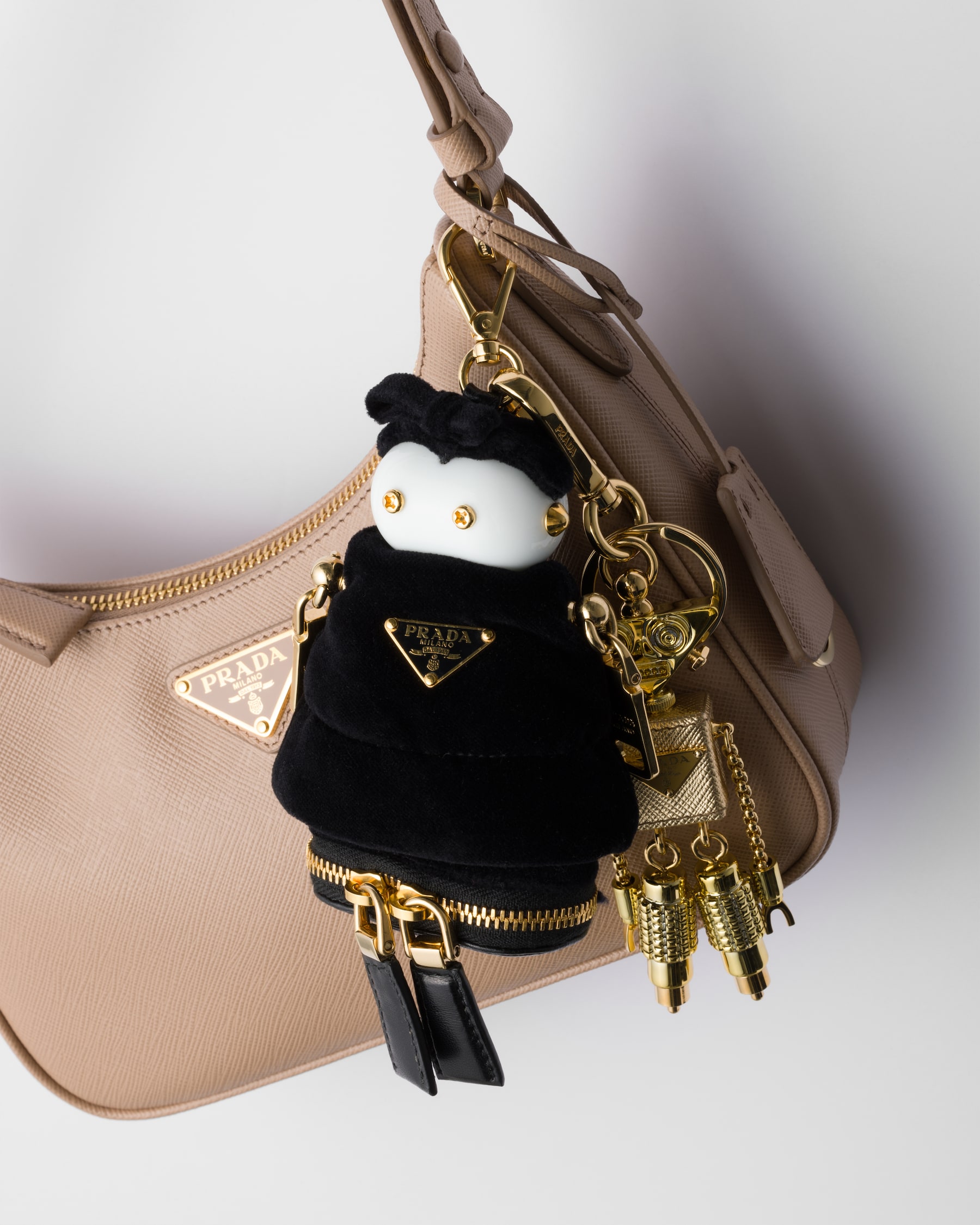 Black Soft Robot Velvet Keychain Charm With Shoulder Strap | PRADA