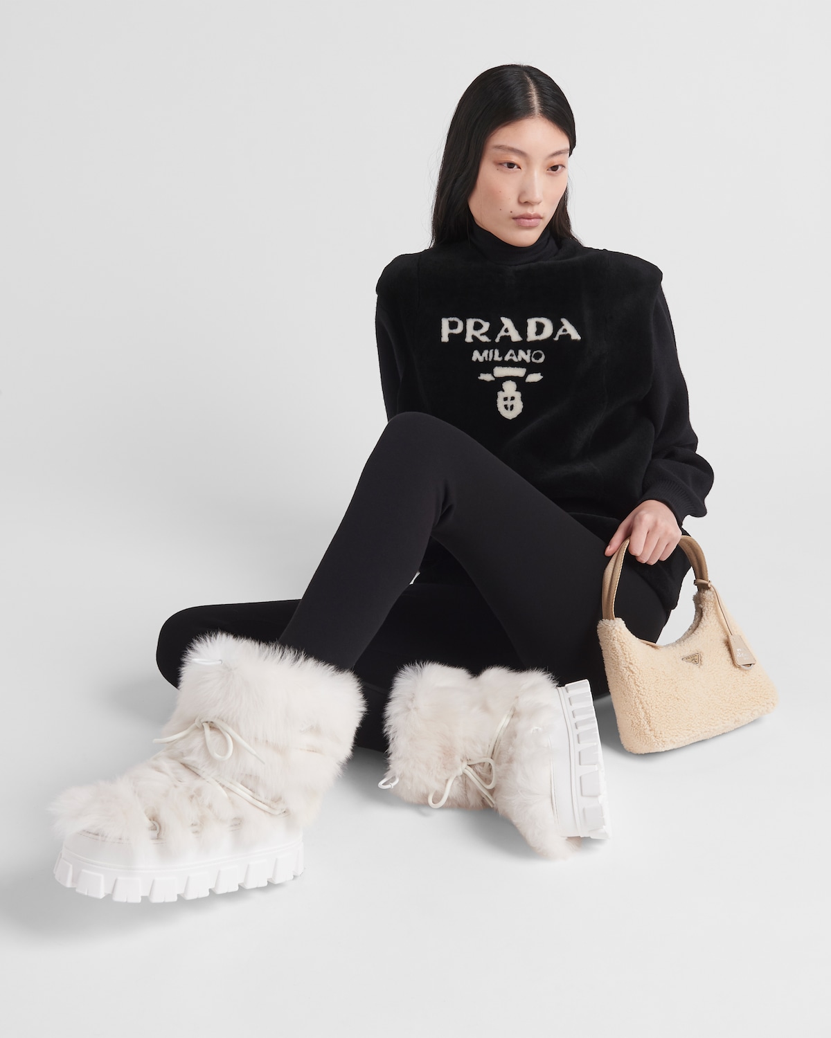White Shearling Apres-ski Boots | PRADA
