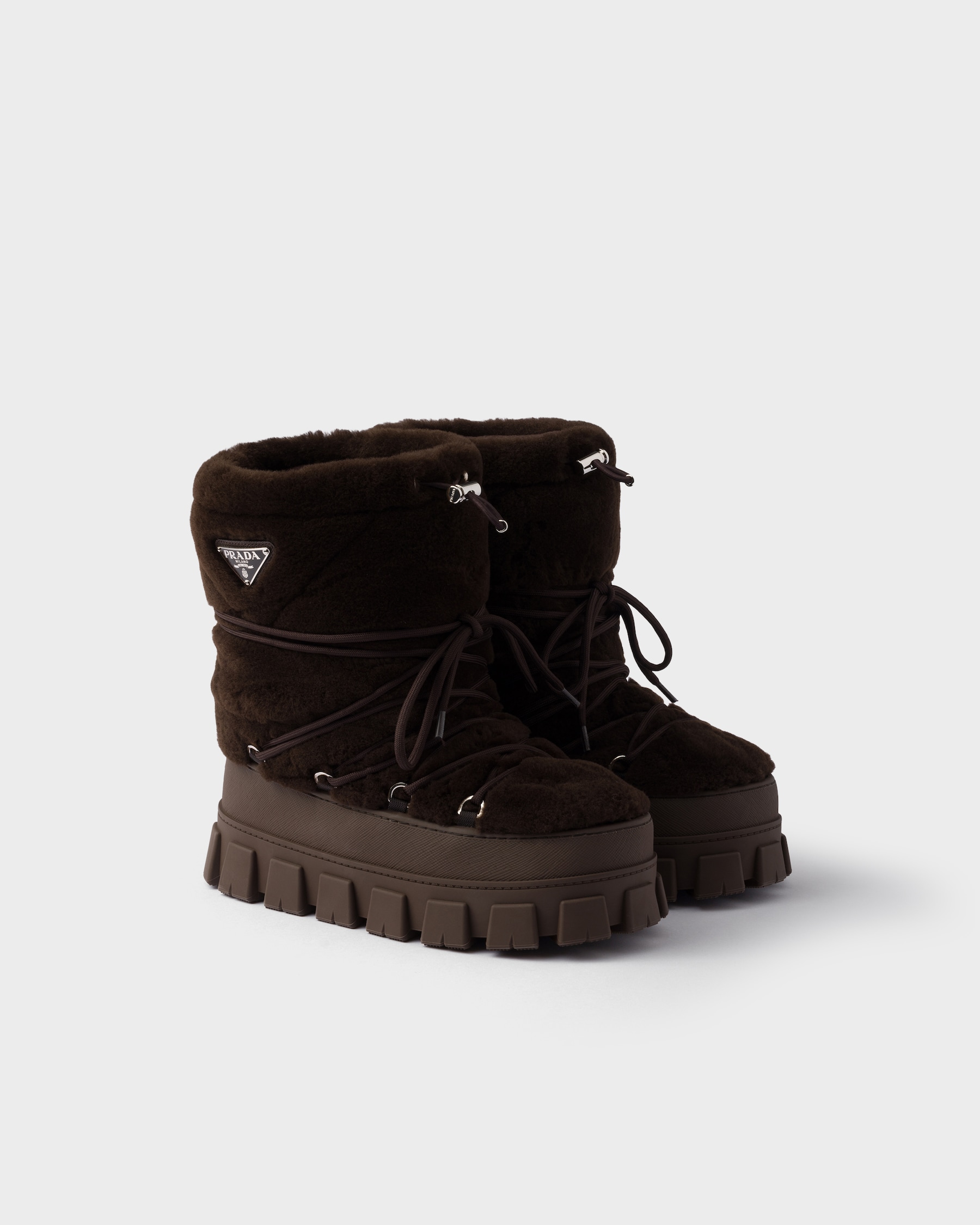 Dark Brown Shearling Après Ski Booties | PRADA