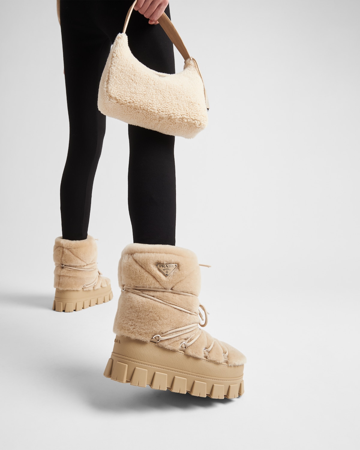 Ecru Shearling Apres-ski Boots | PRADA