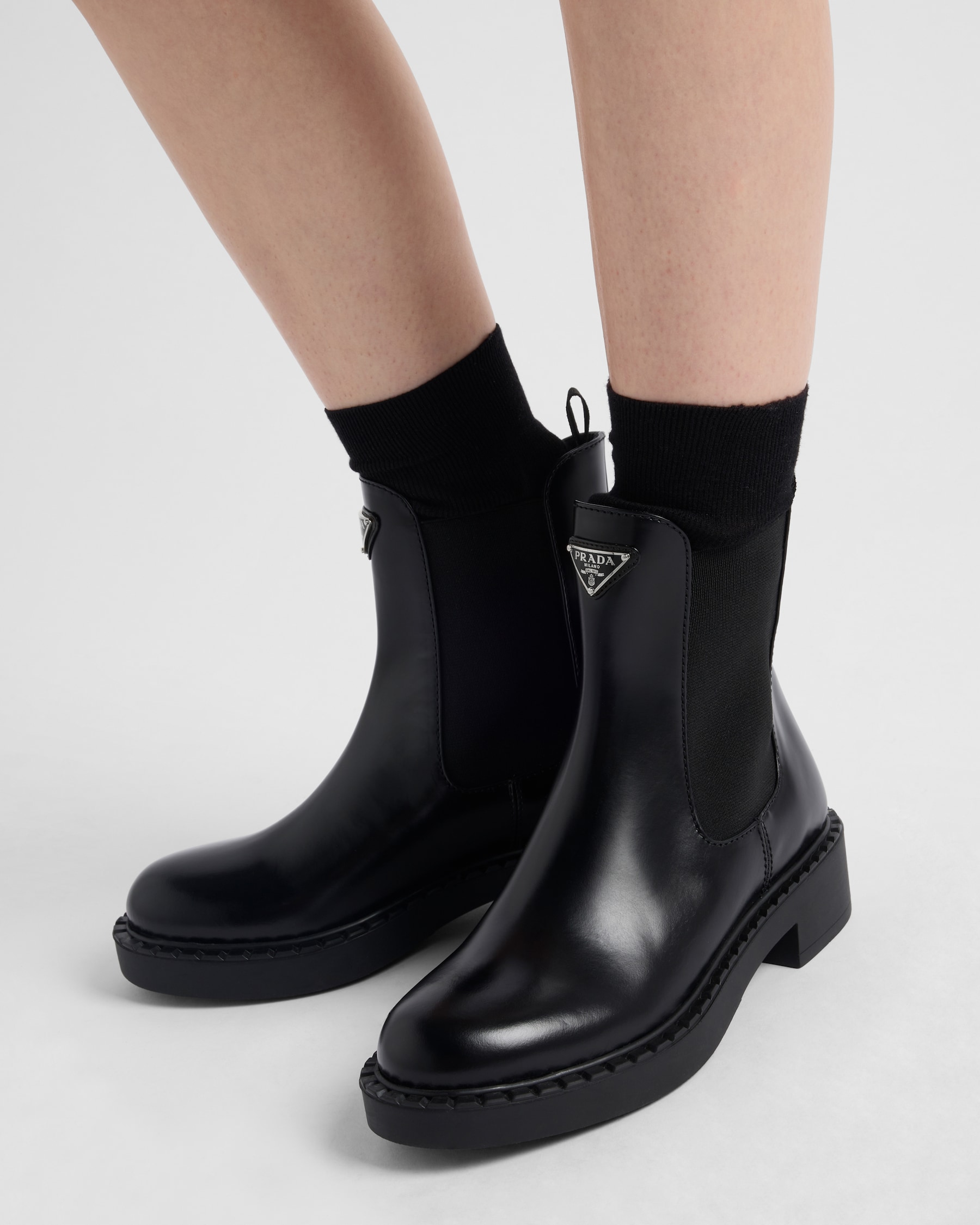 Black Brushed Leather Booties | PRADA