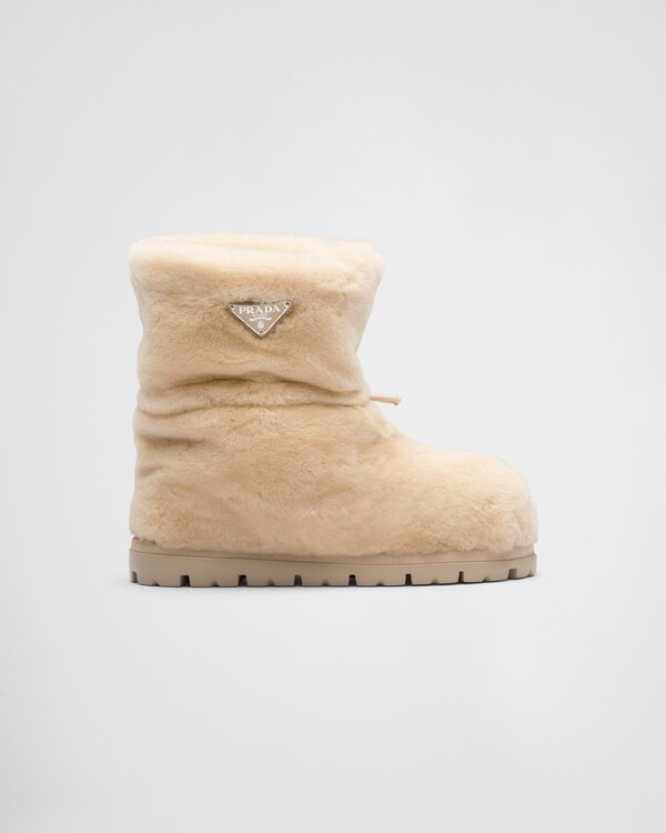 Ecru Shearling Booties | PRADA