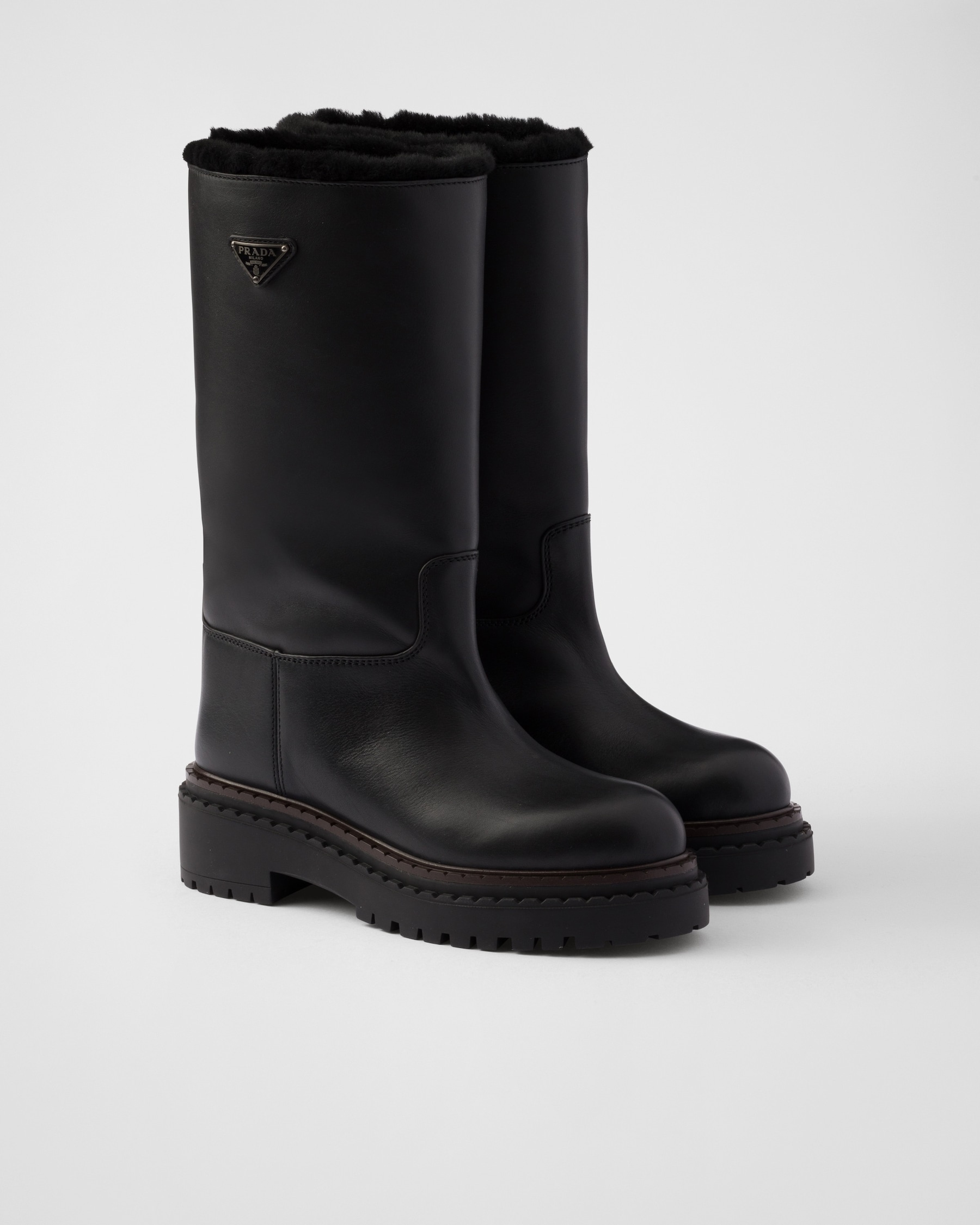 Black Leather And Shearling Boots | PRADA