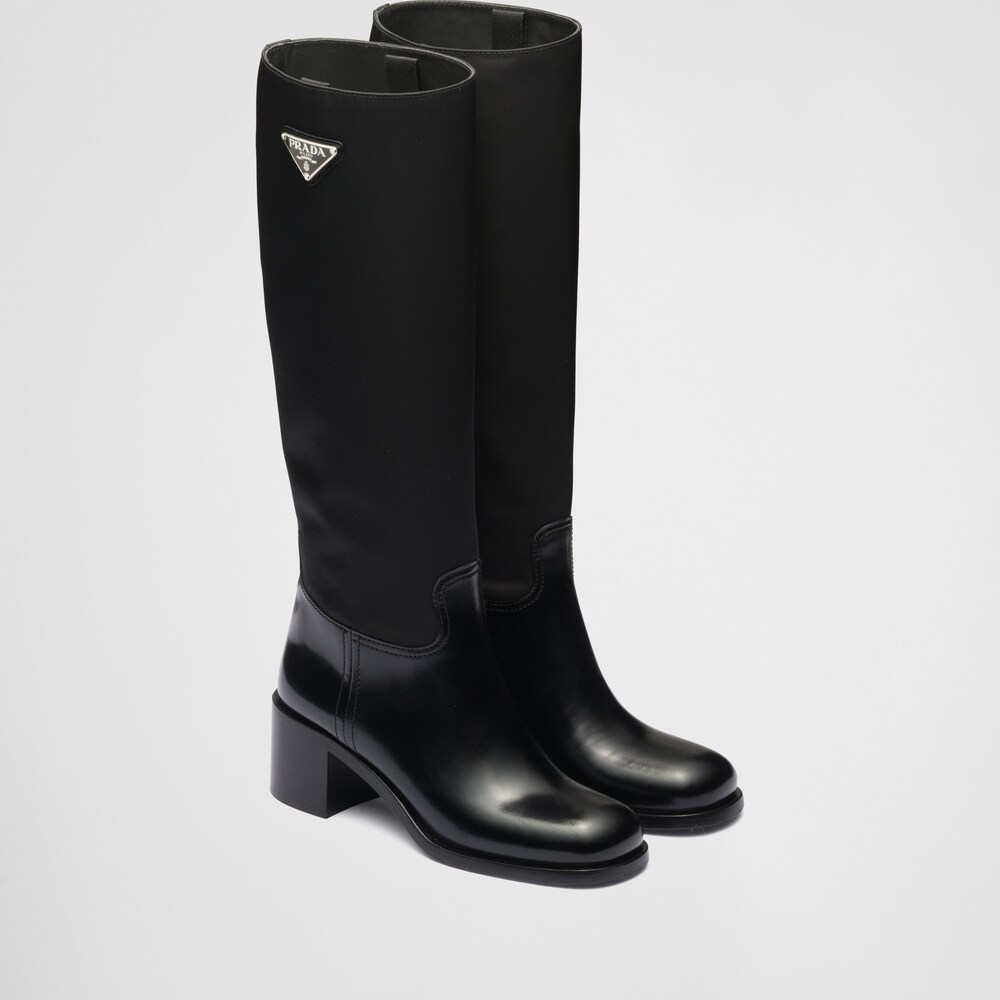 Black Brushed leather and nylon boots | Prada