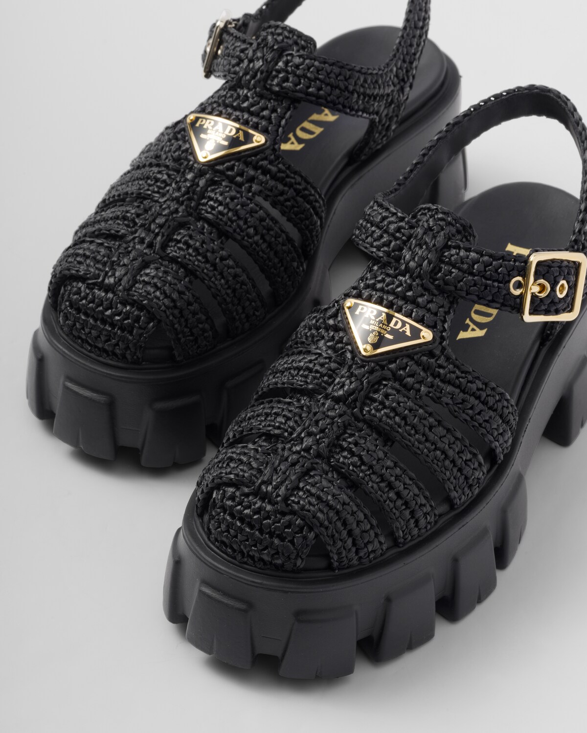 Black Monolith Crochet Cage Sandals | PRADA