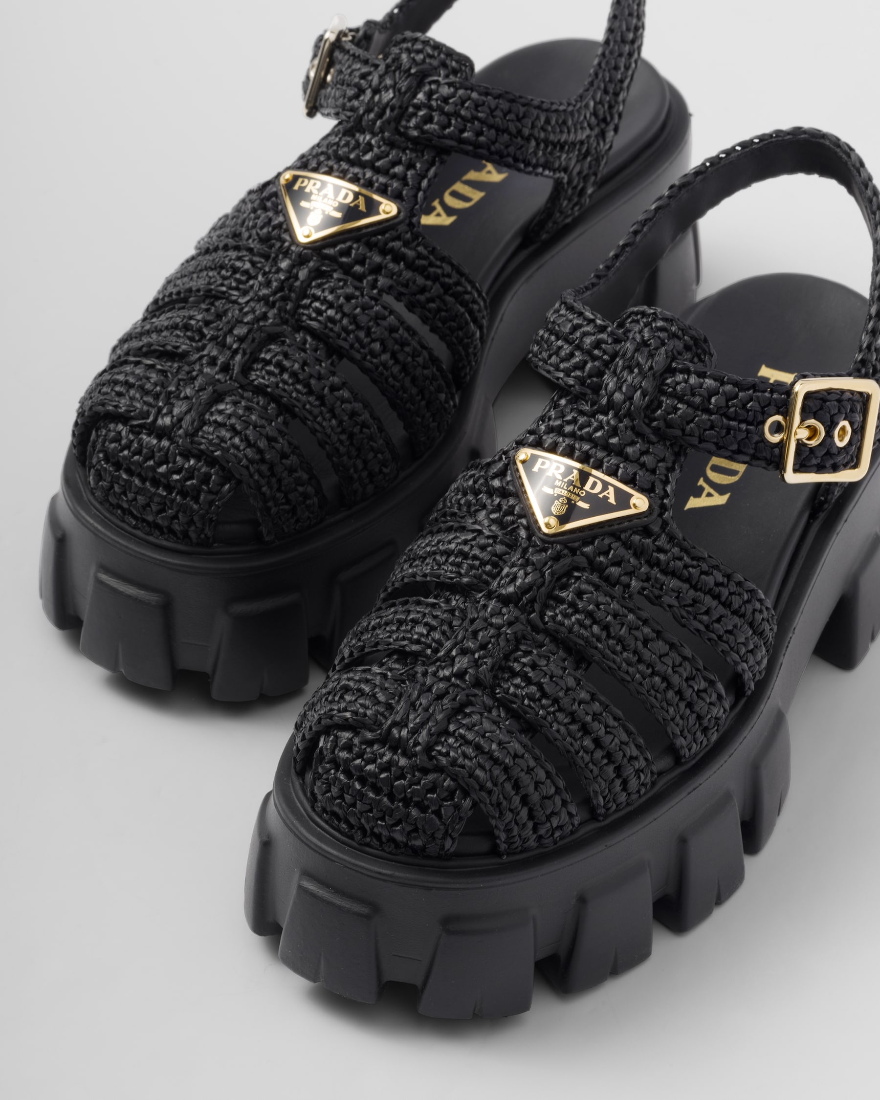 Black Monolith Crochet Cage Sandals | PRADA