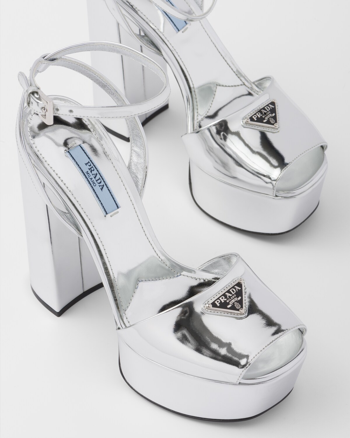Silver Metallic Leather Platform Sandals | PRADA