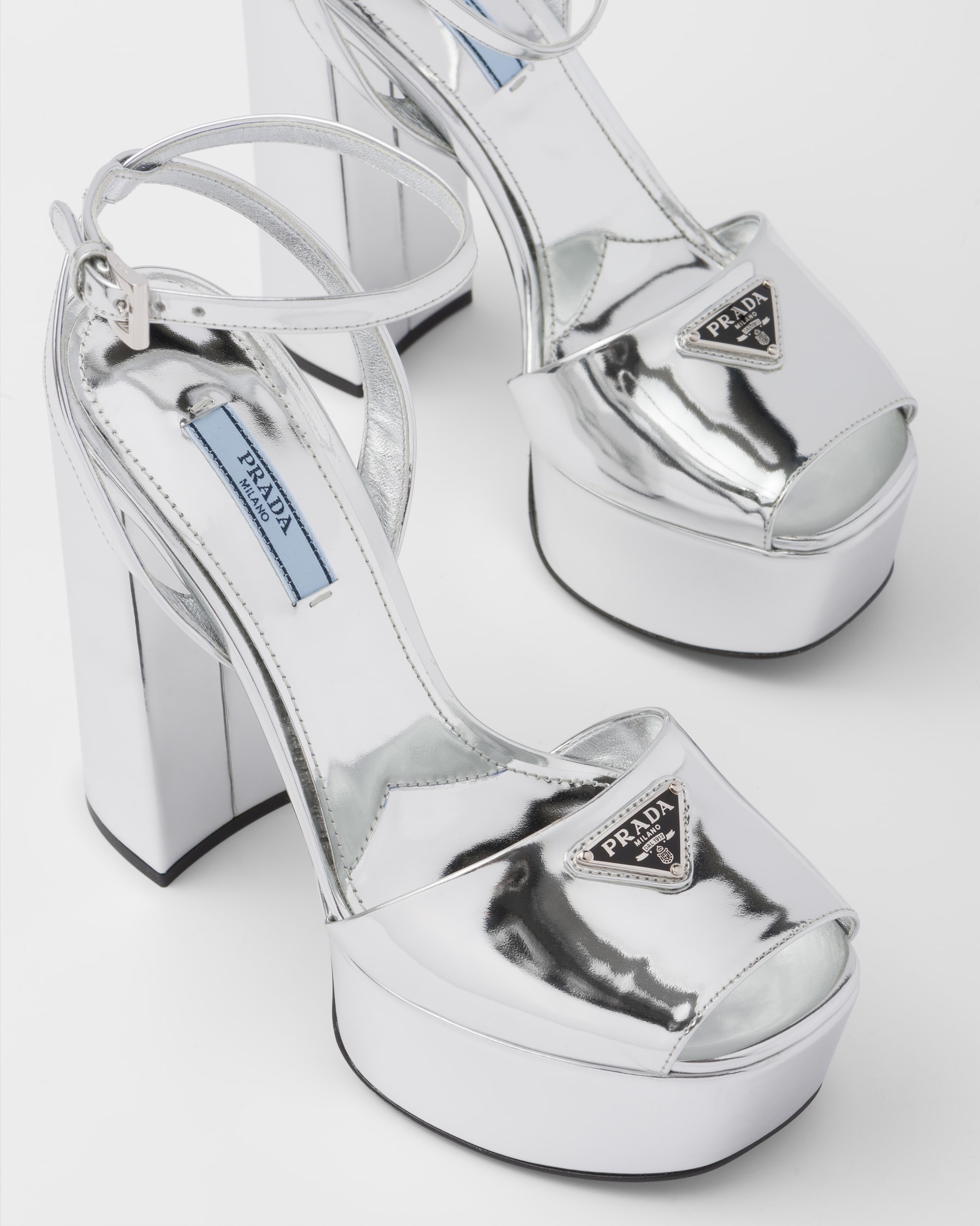 Silver Metallic Leather Platform Sandals | PRADA