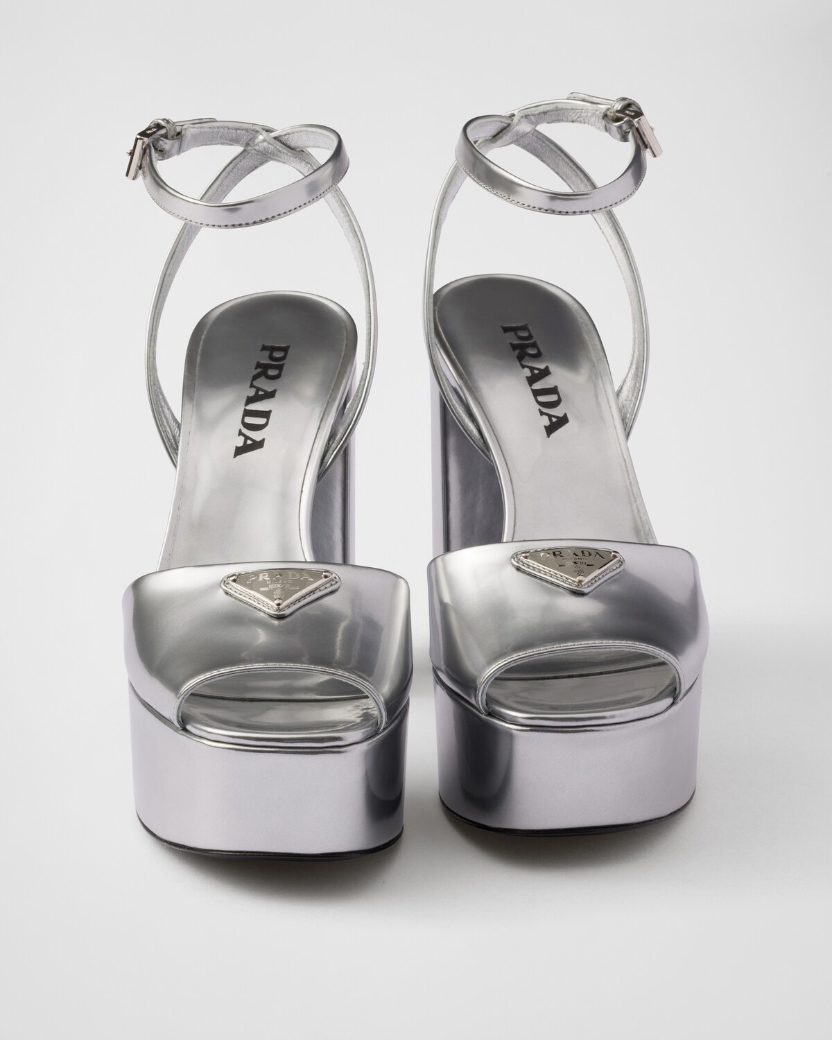 Silver Metallic Leather Platform Sandals | PRADA