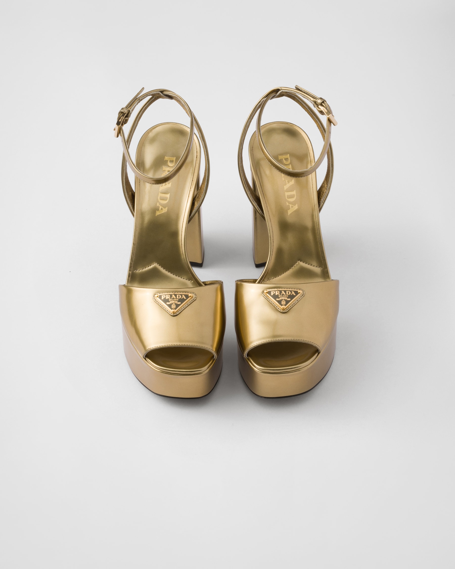 Platinum Metallic Leather Platform Sandals | PRADA