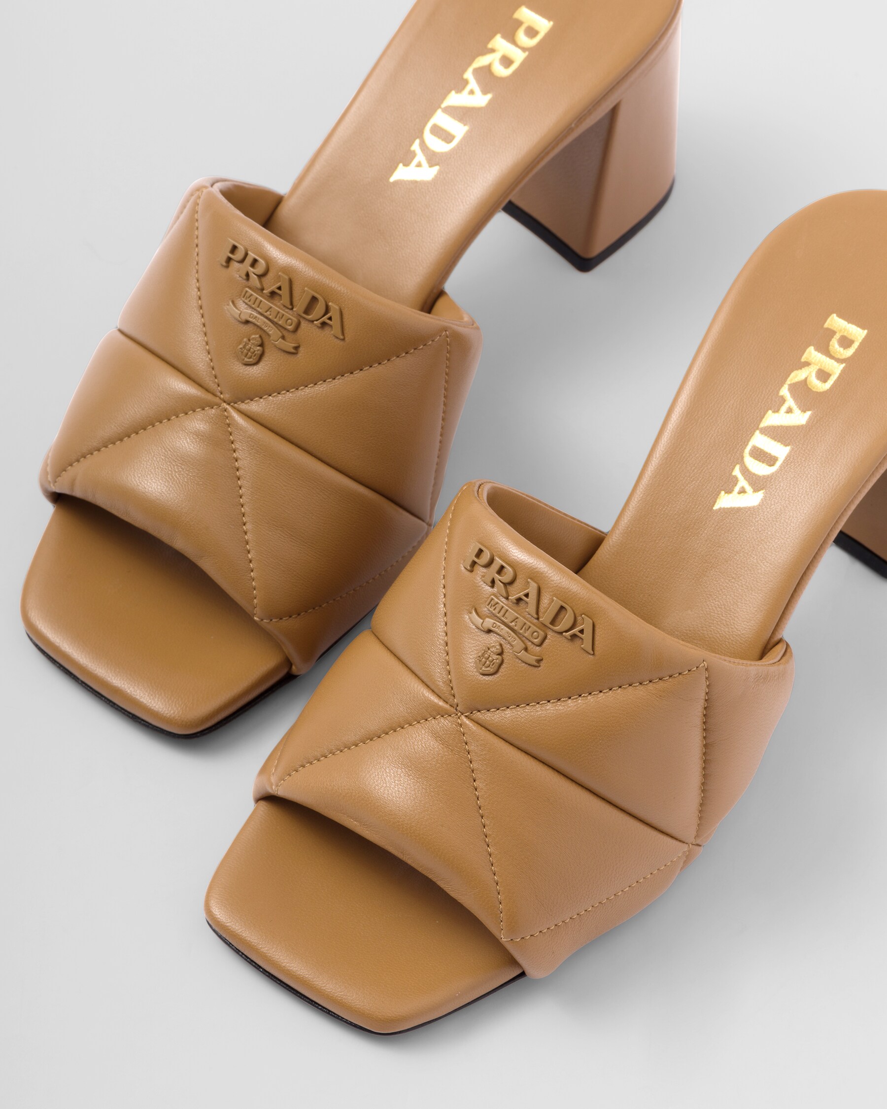 Caramel Quilted Nappa Leather Heeled Sandals | PRADA
