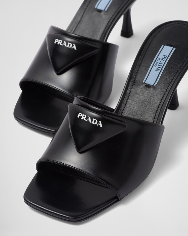 Black Brushed Leather Heeled Slides | PRADA