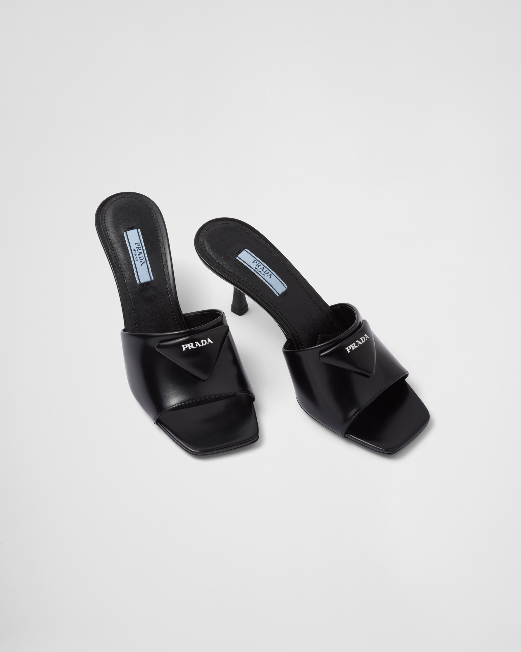 Black Brushed Leather Heeled Slides | PRADA