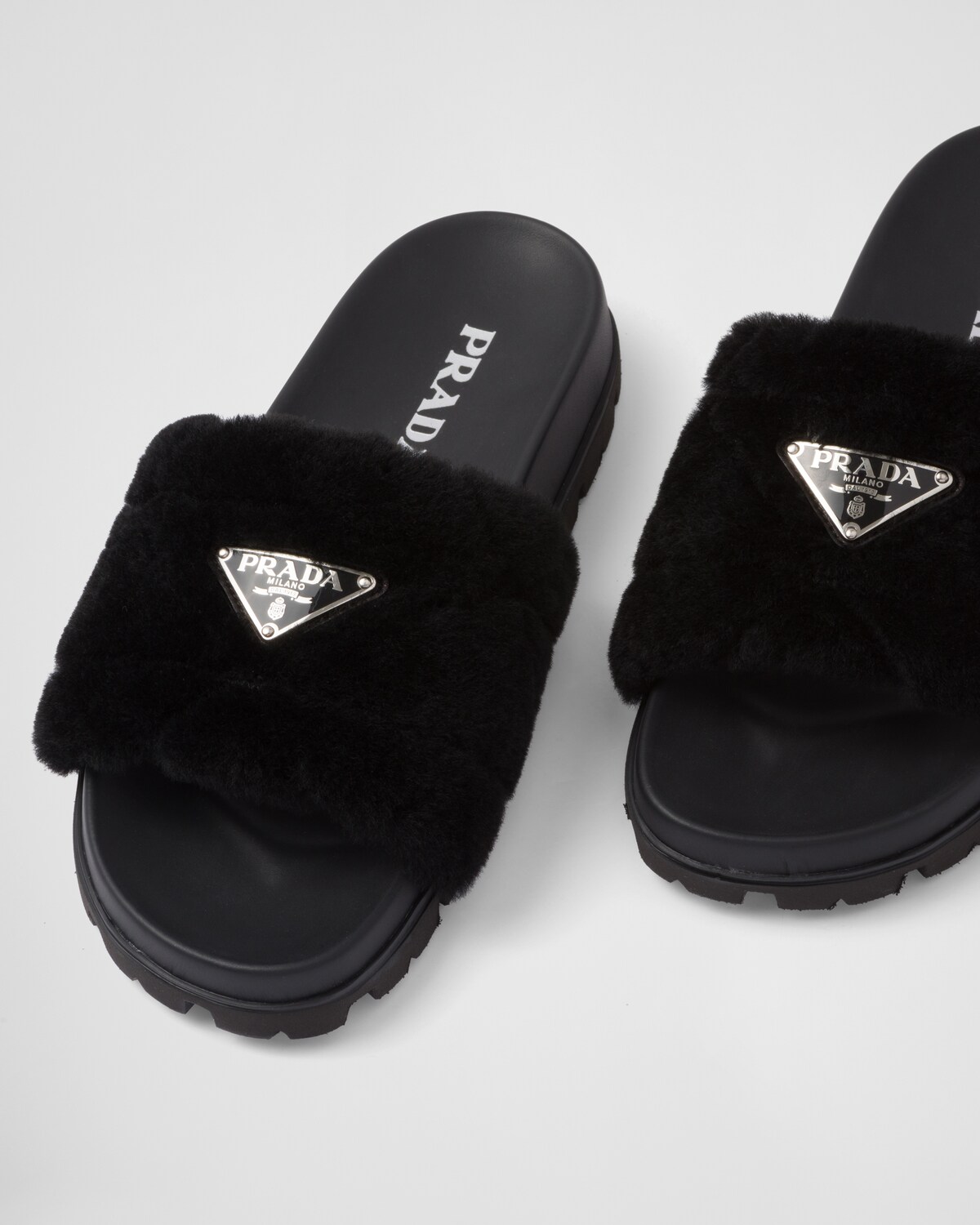 Black Shearling Slides | PRADA