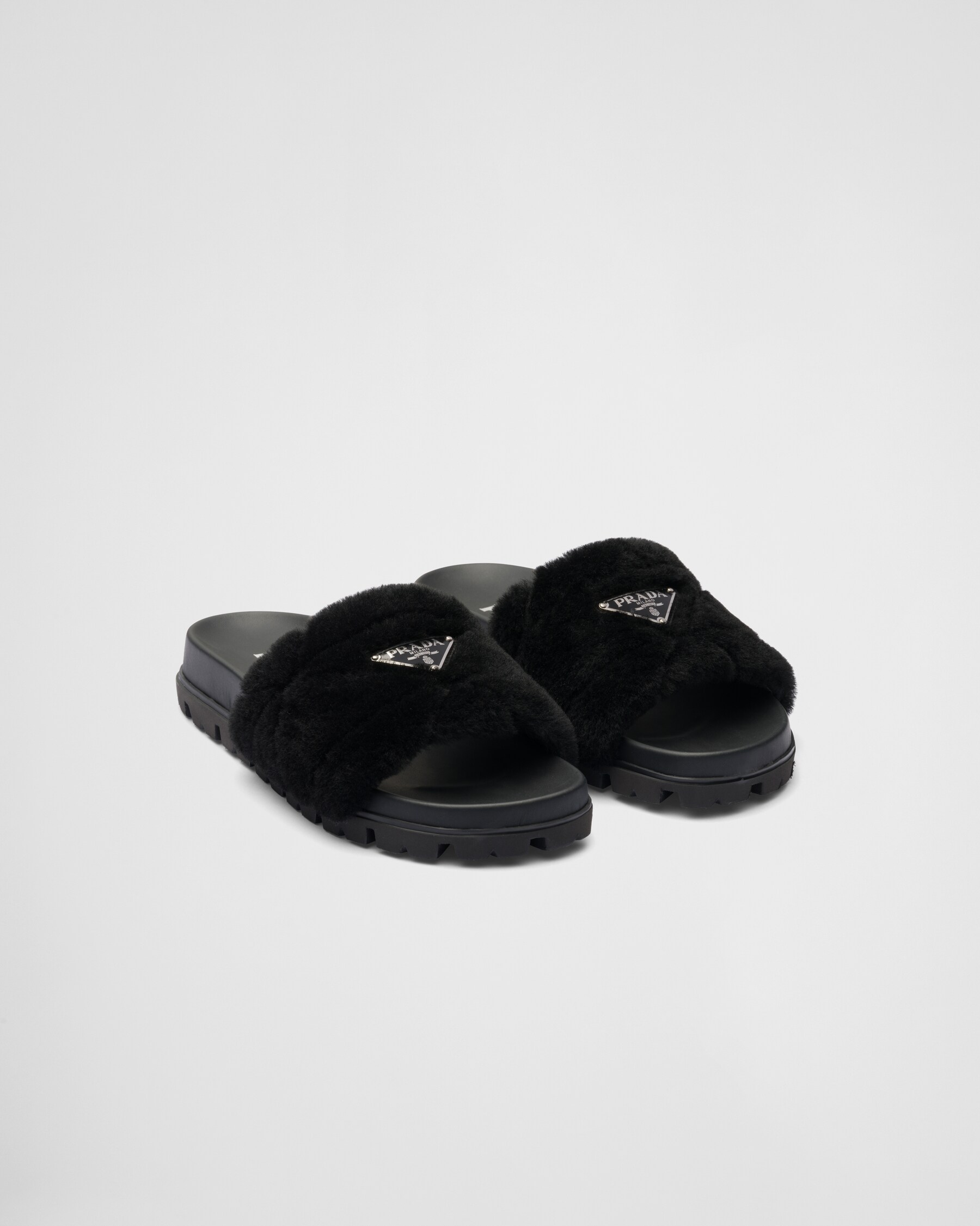 Black Shearling Slides | PRADA