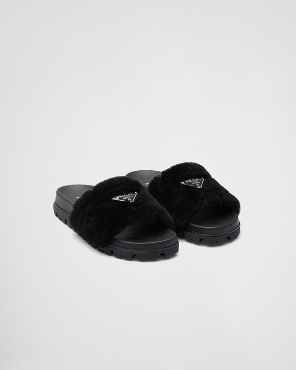 Black Shearling Slides | PRADA