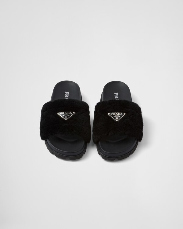 Black Shearling Slides | PRADA