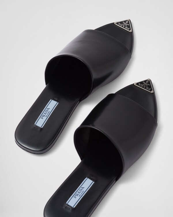 Black Brushed Leather Slides | PRADA