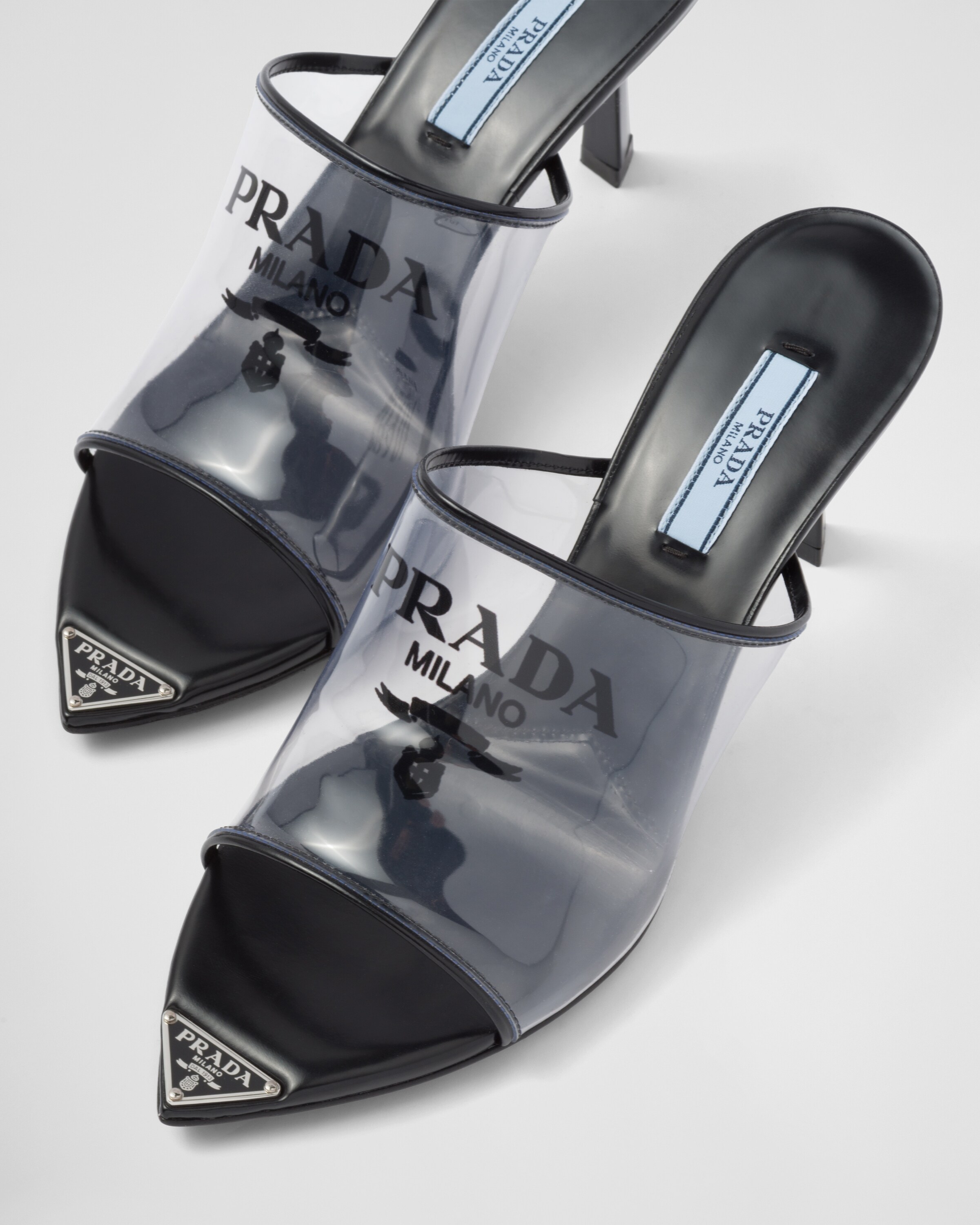 Black Logo-print Plexiglas high-heel slides | Prada