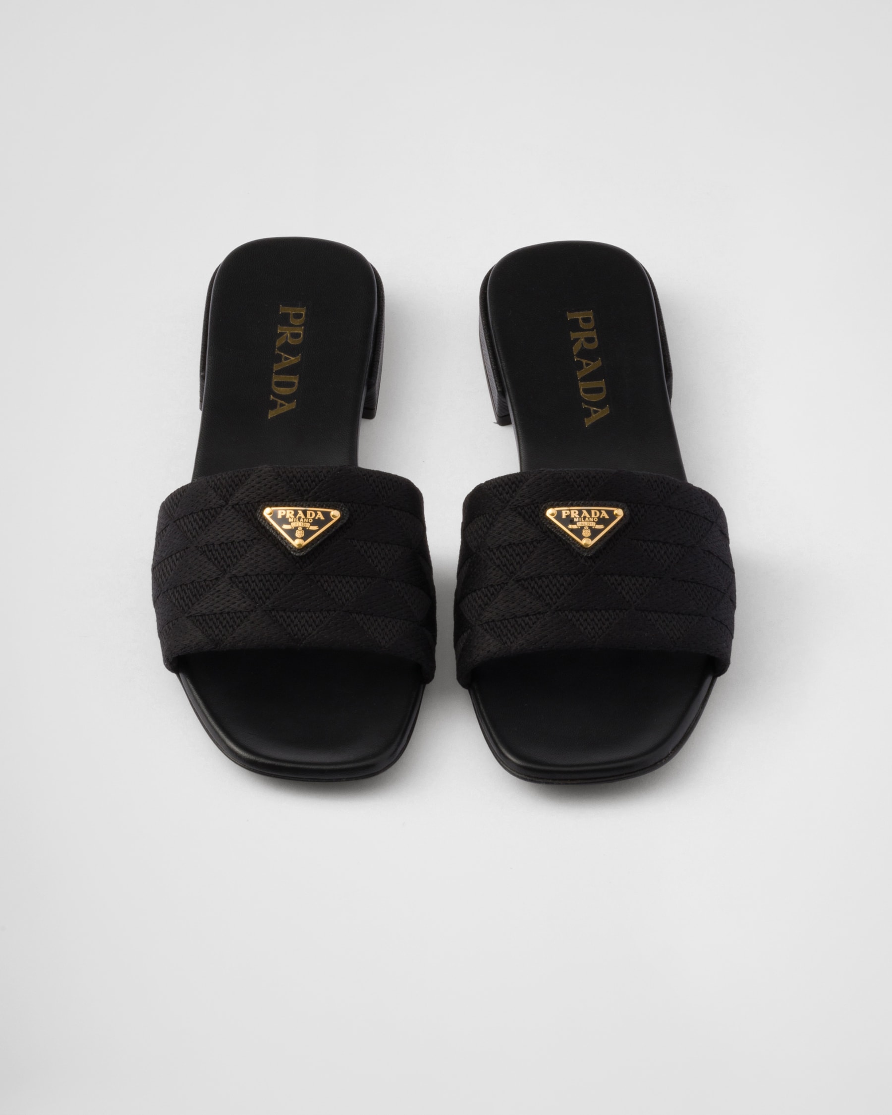 Black Embroidered Fabric Slides | PRADA