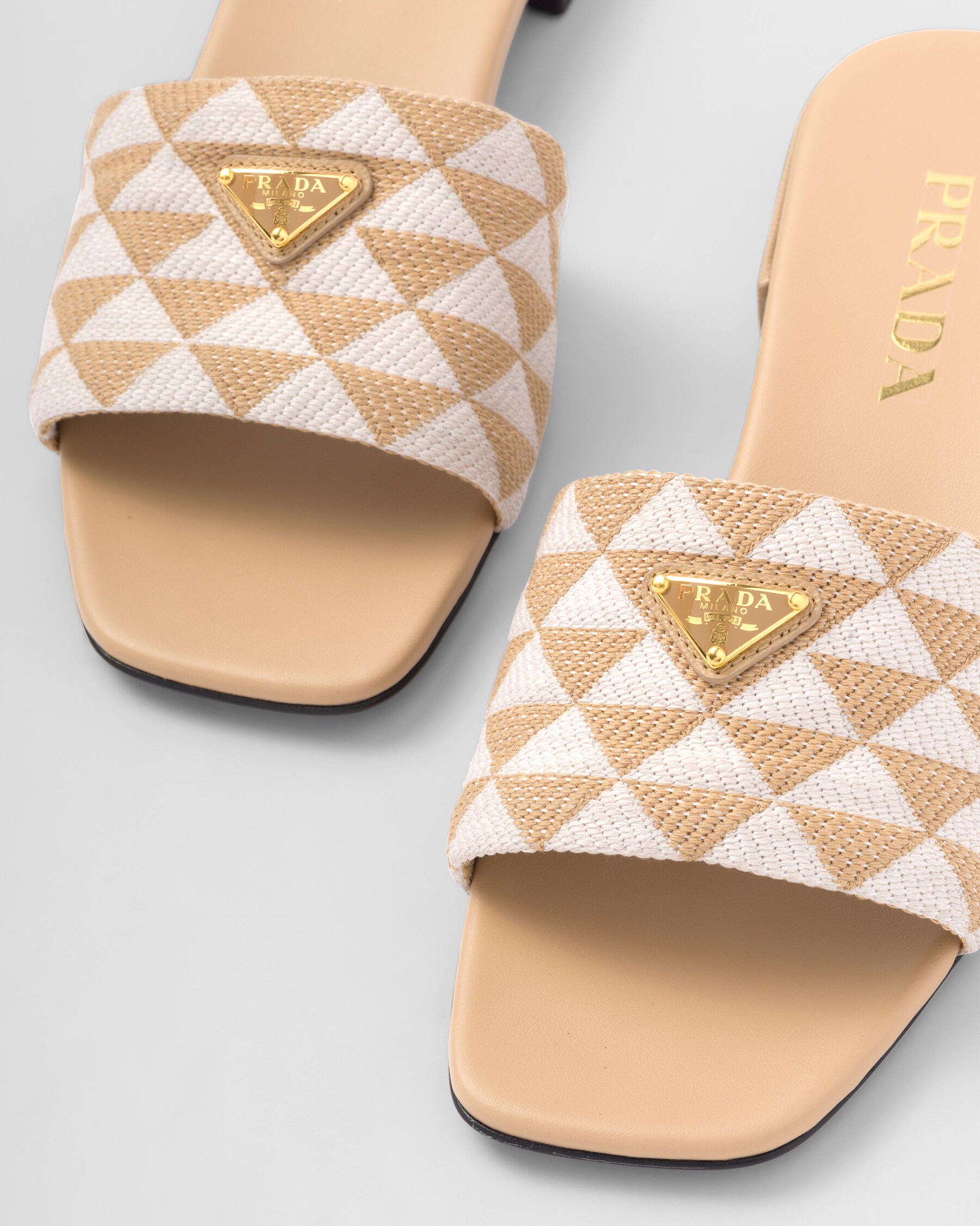 Beige/chalk White Embroidered Fabric Slides | PRADA