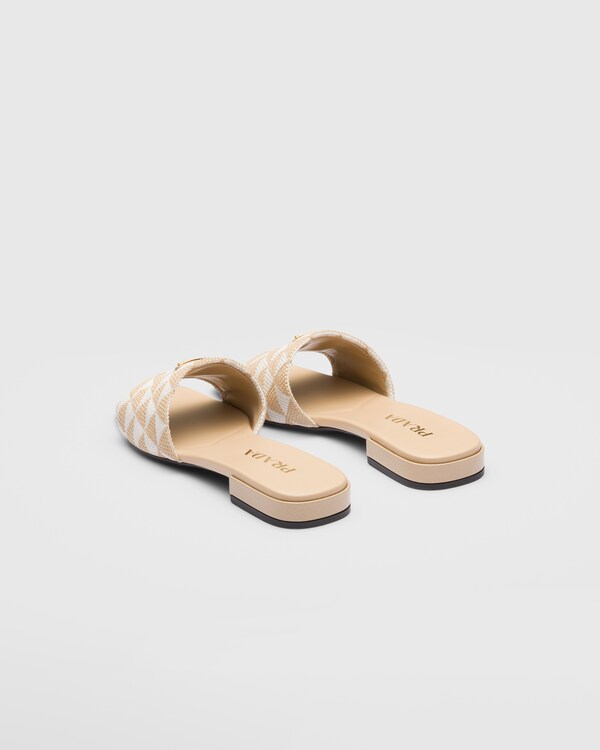 Beige/chalk White Embroidered Fabric Slides | PRADA