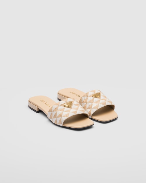 Beige/chalk White Embroidered fabric slides | Prada