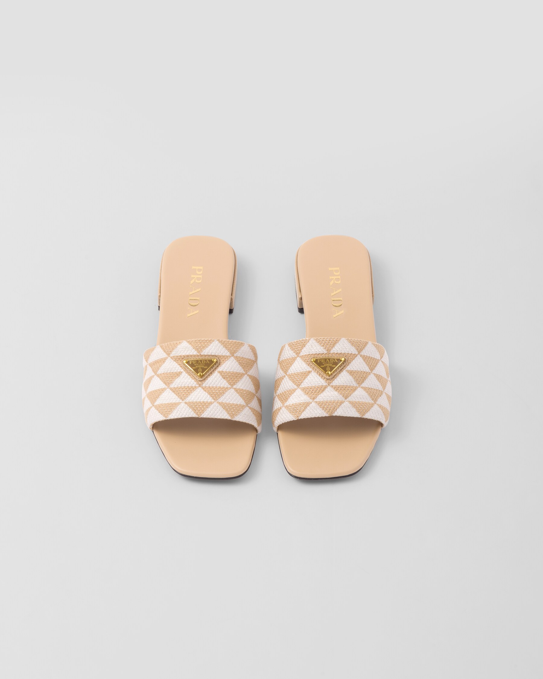 Beige/chalk White Embroidered Fabric Slides | PRADA