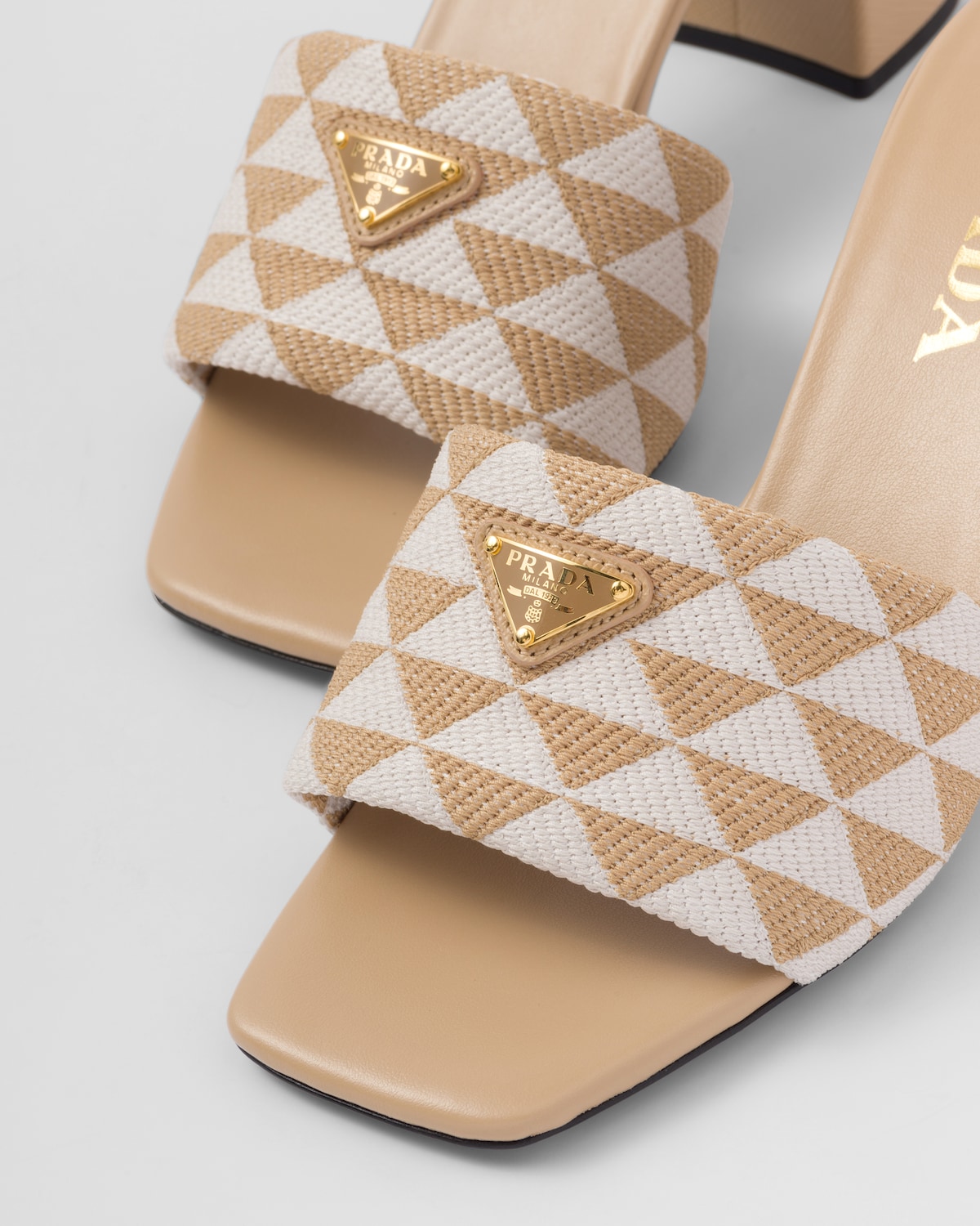 Beige/chalk White Embroidered Fabric Sandals | PRADA