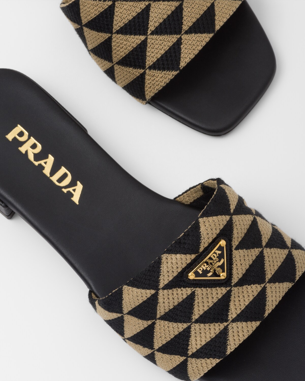 Black/beige Embroidered Fabric Slides | PRADA
