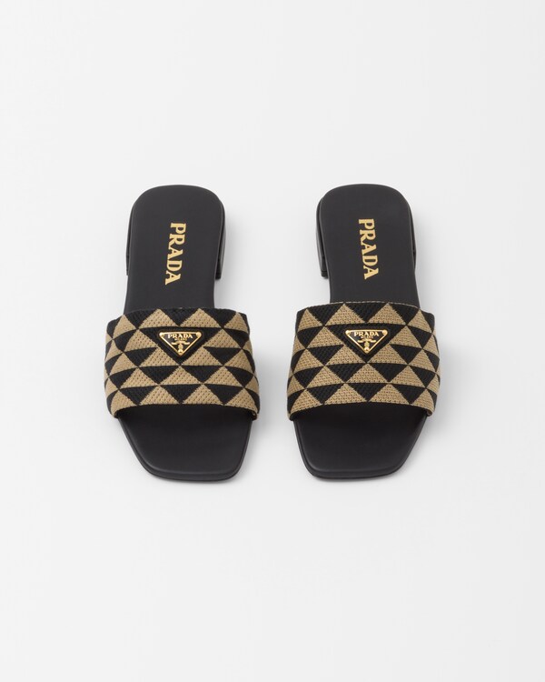 Black/beige Embroidered Fabric Slides | PRADA