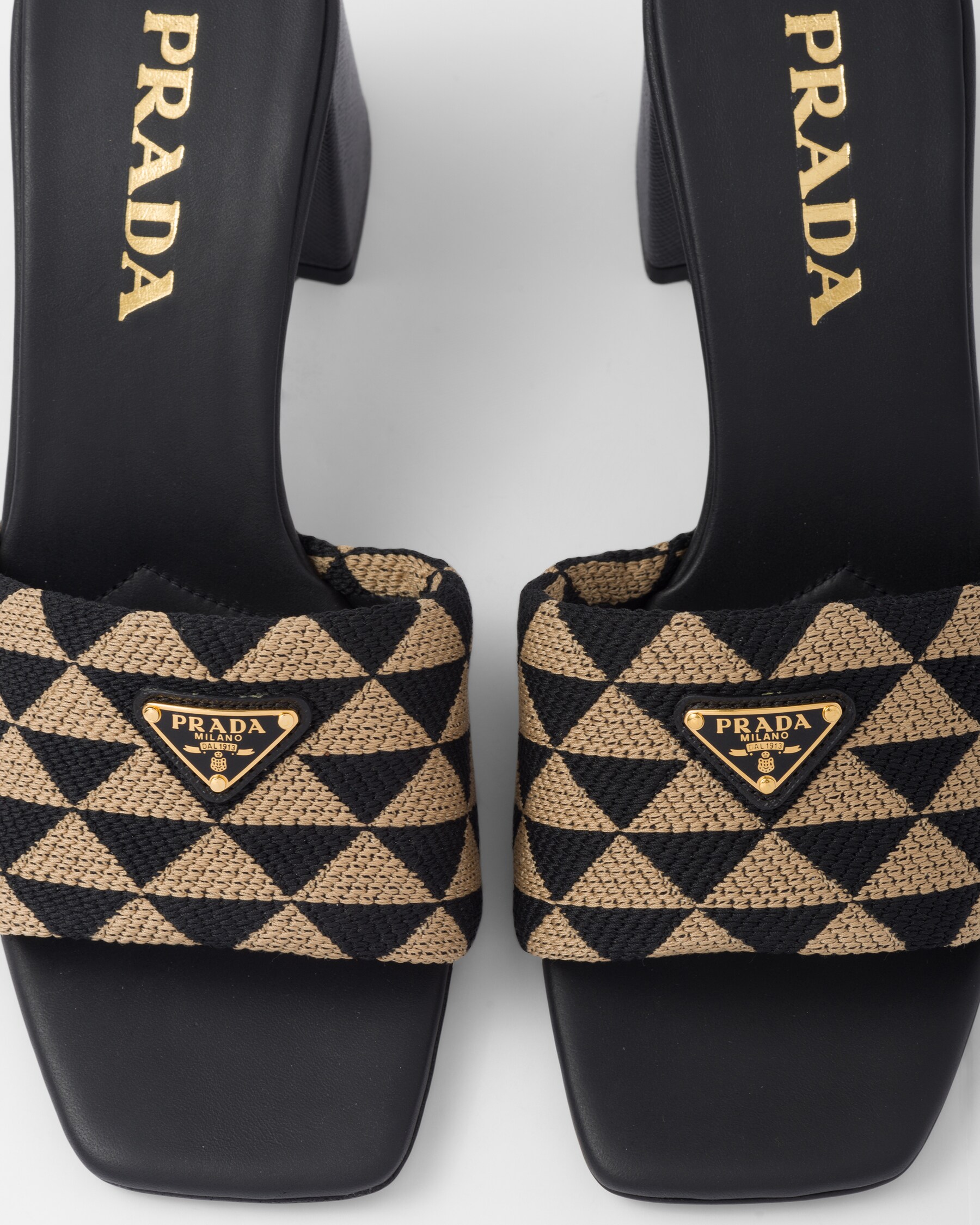 Black/beige Embroidered Fabric Sandals | PRADA