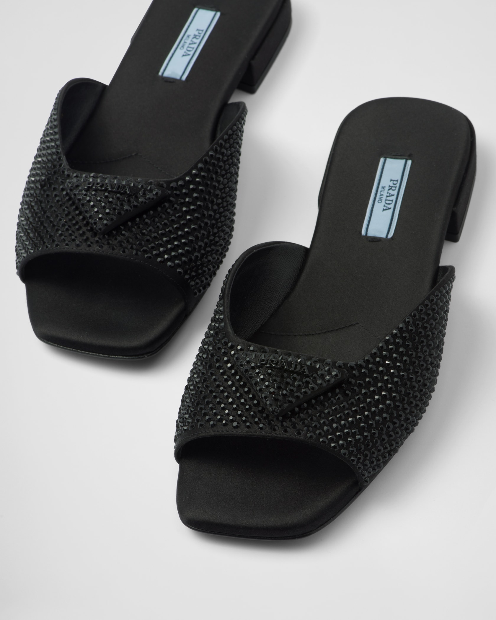 Black Satin Slides With Crystals | PRADA