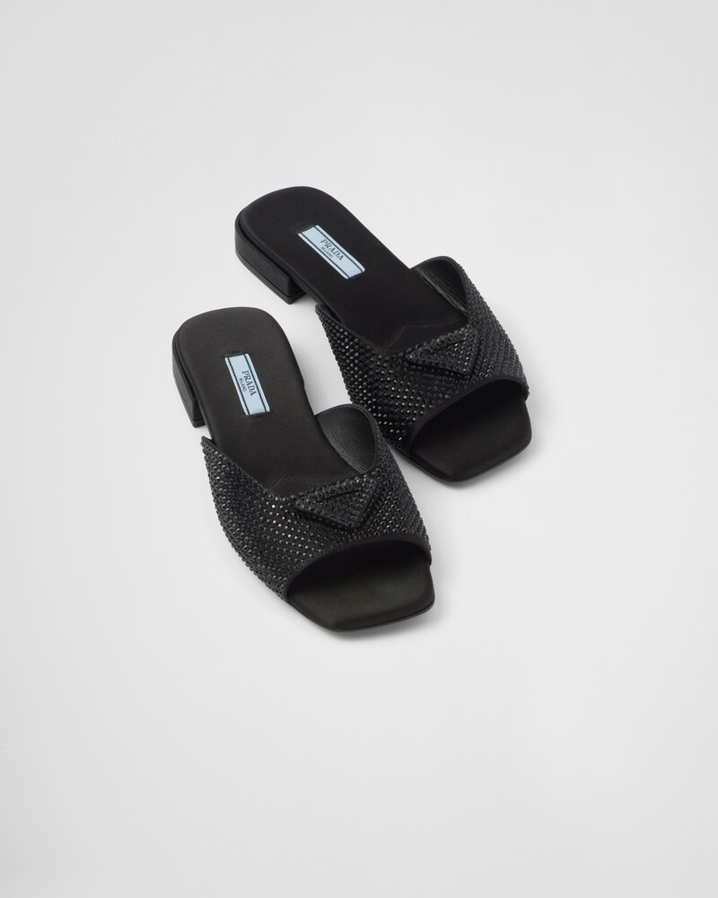 Black Satin Slides With Crystals | PRADA