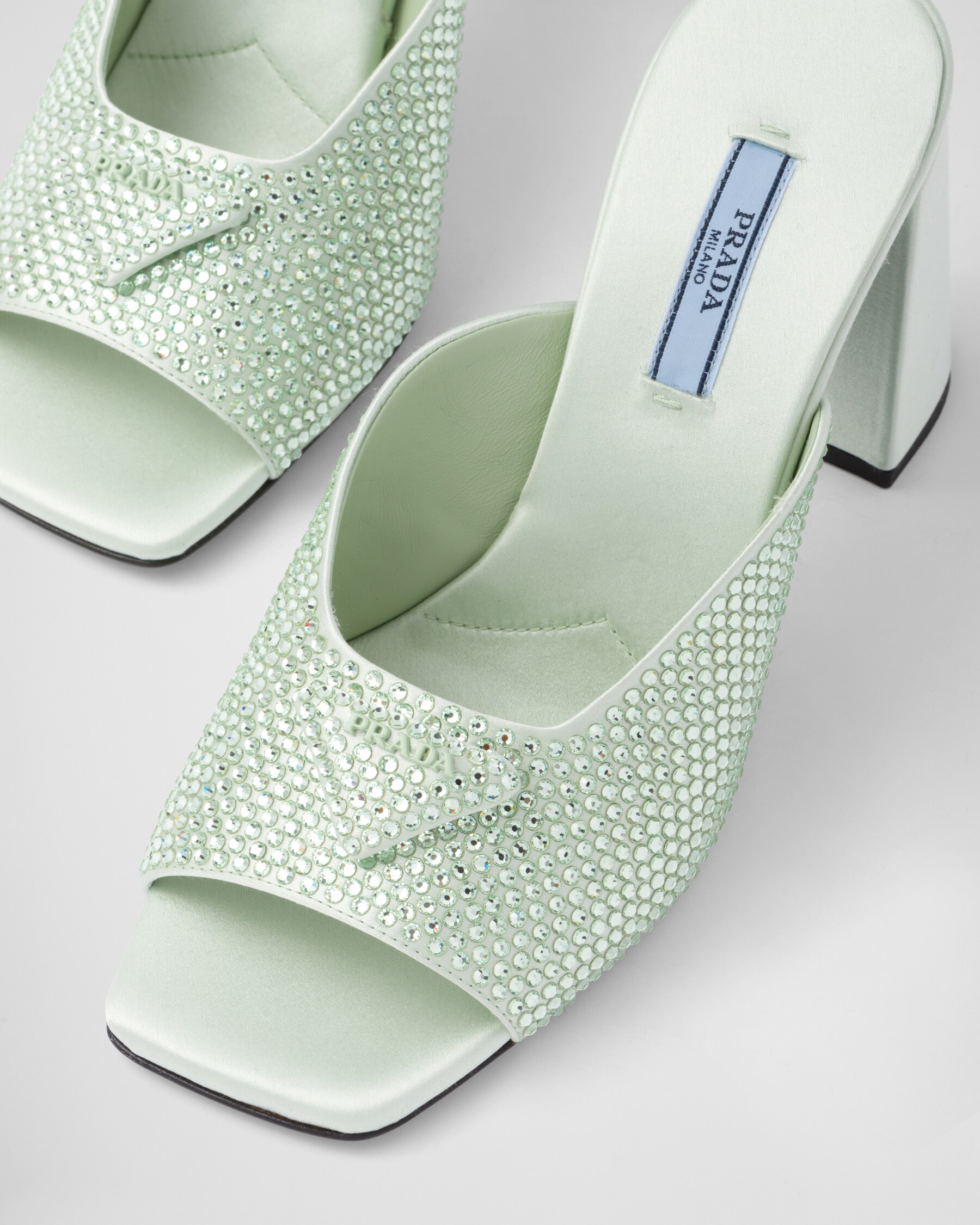 Aqua High-heeled Satin Slides With Crystals | PRADA