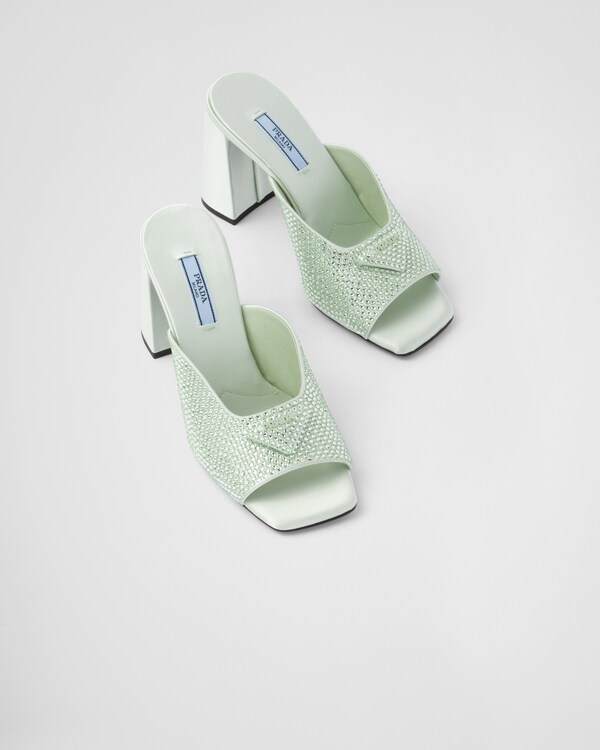Aqua High-heeled Satin Slides With Crystals | PRADA