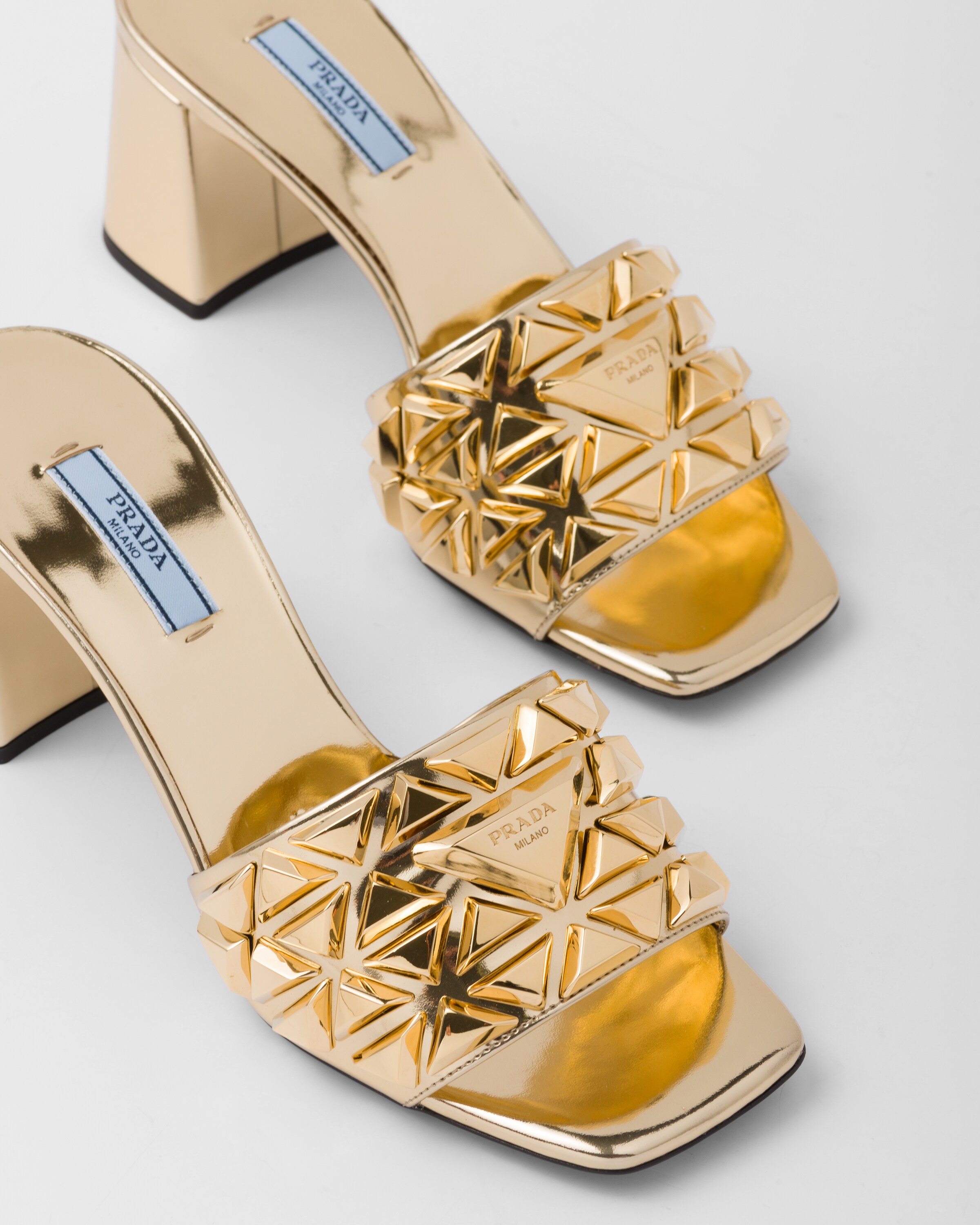Platinum Studded metallic leather mules | Prada